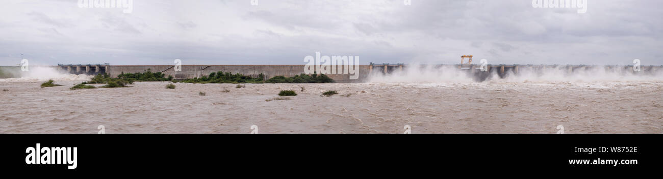 Panoramic Image of Water filled in Dam due to heavy rain and the gates ...