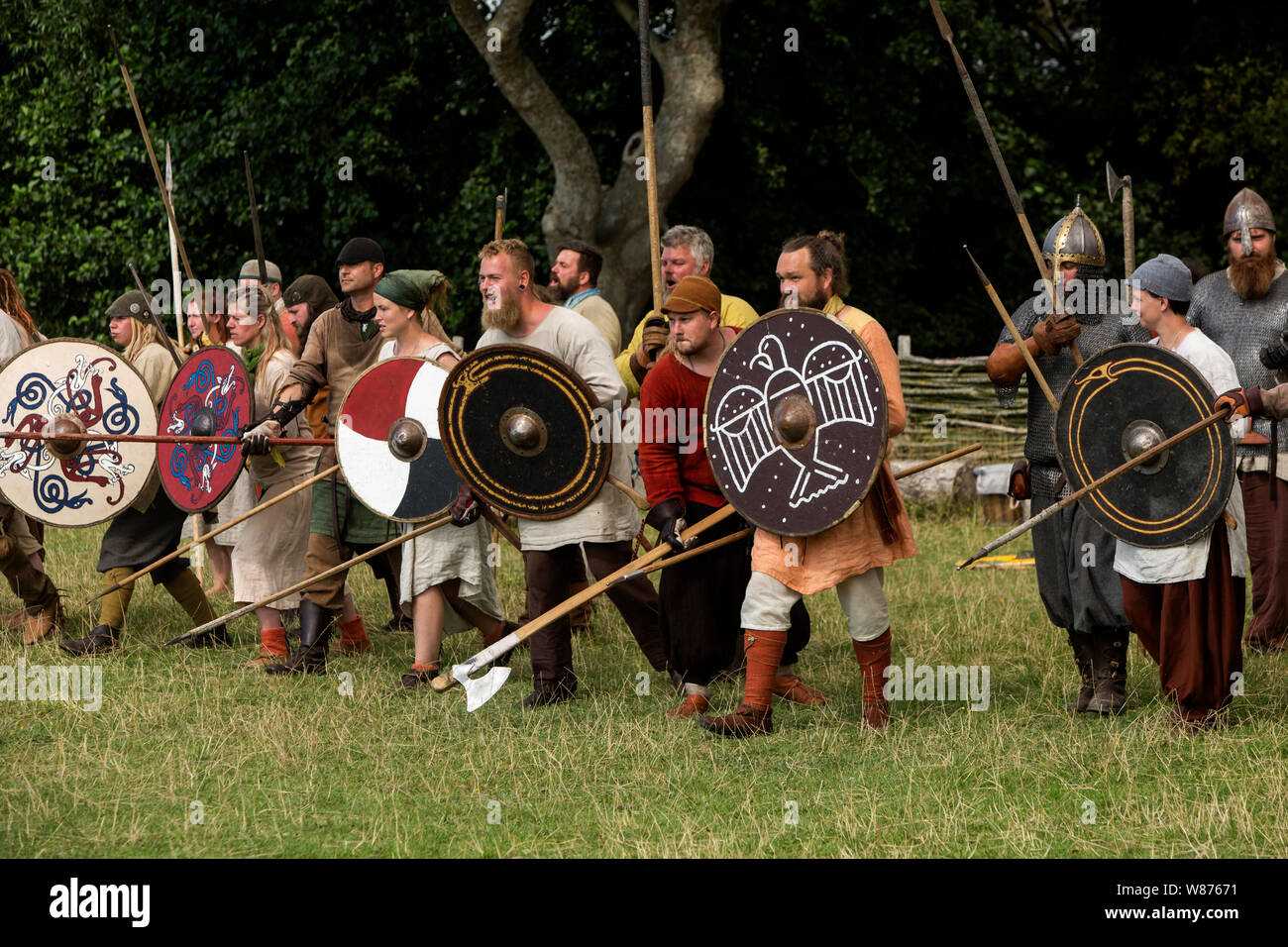 Viking warriors are fighting on the battlefield at Ribe Viking Centre ...