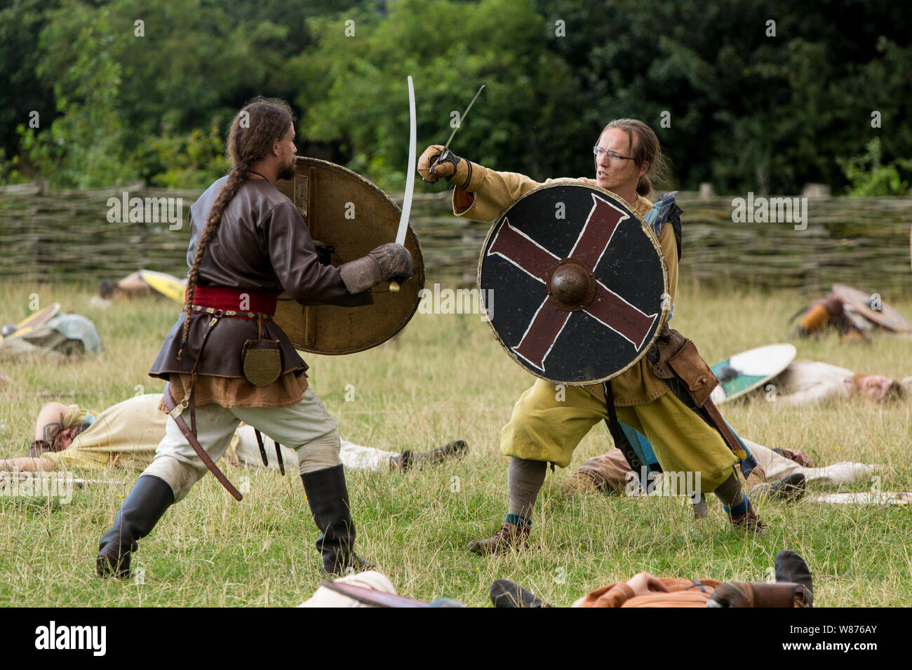 Viking warriors are fighting on the battlefield at Ribe Viking Centre ...