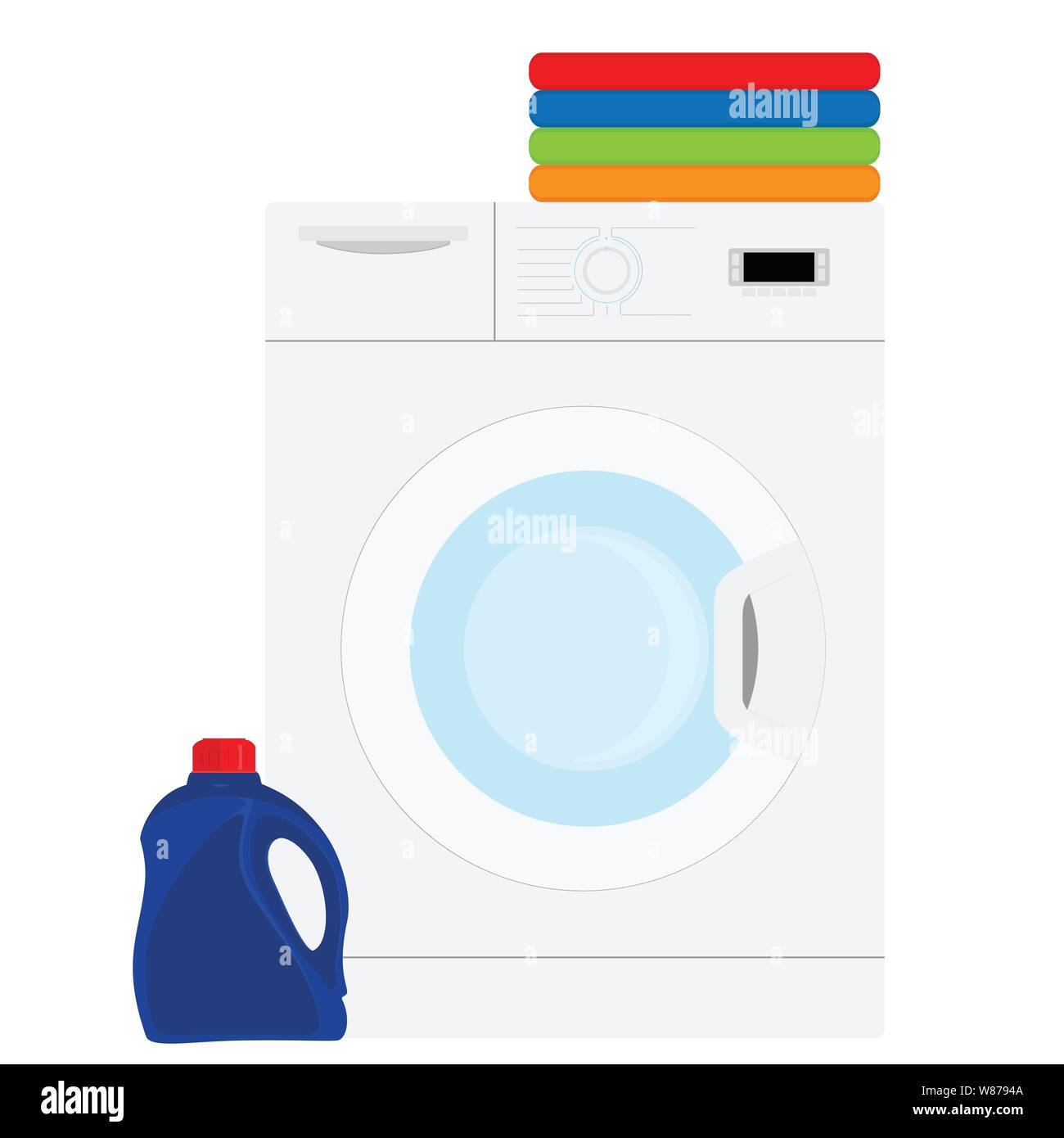 Laundry washing machine and laundry detergent indoors. Stack of ...