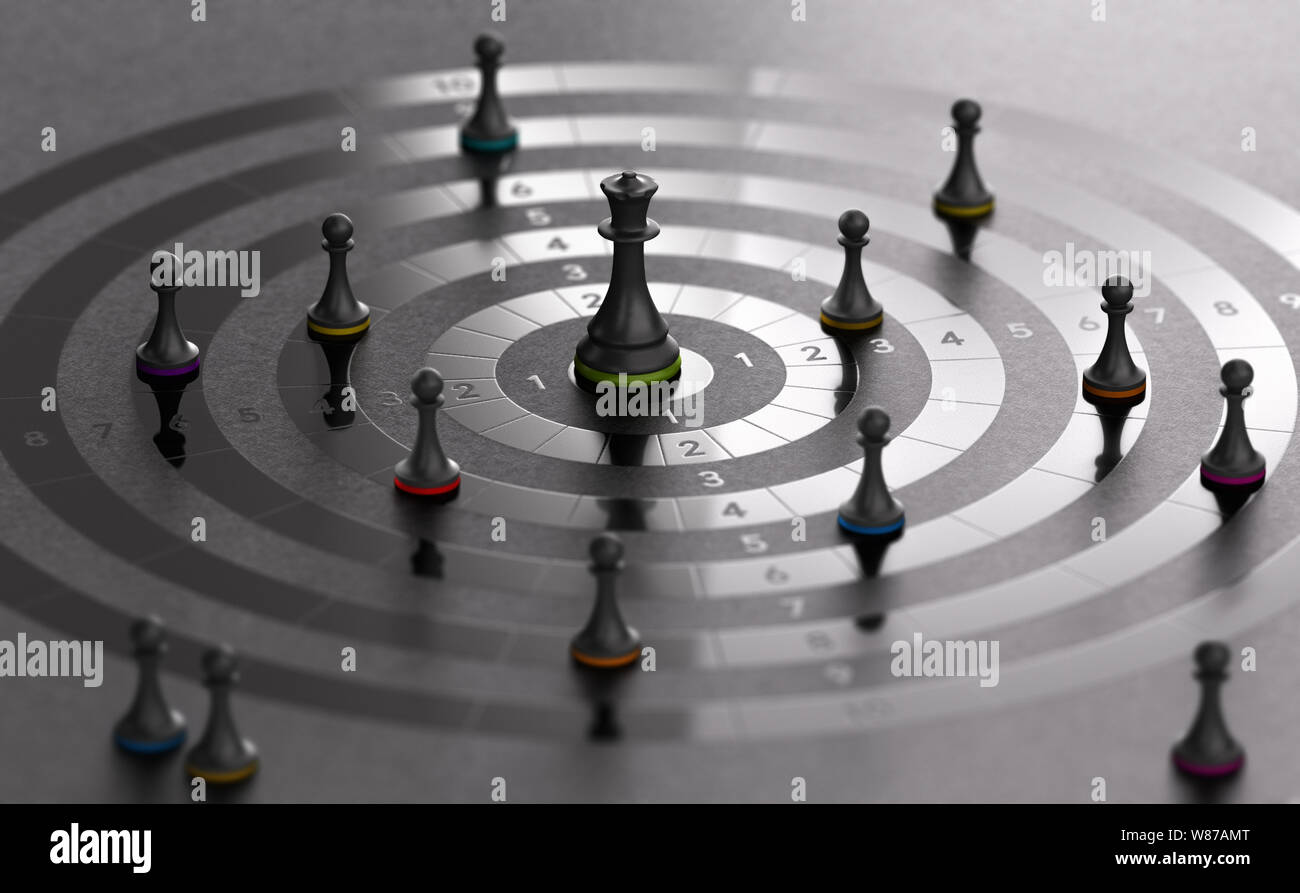 3D illustration of pawns and queen of a chess game, on a target over a ...