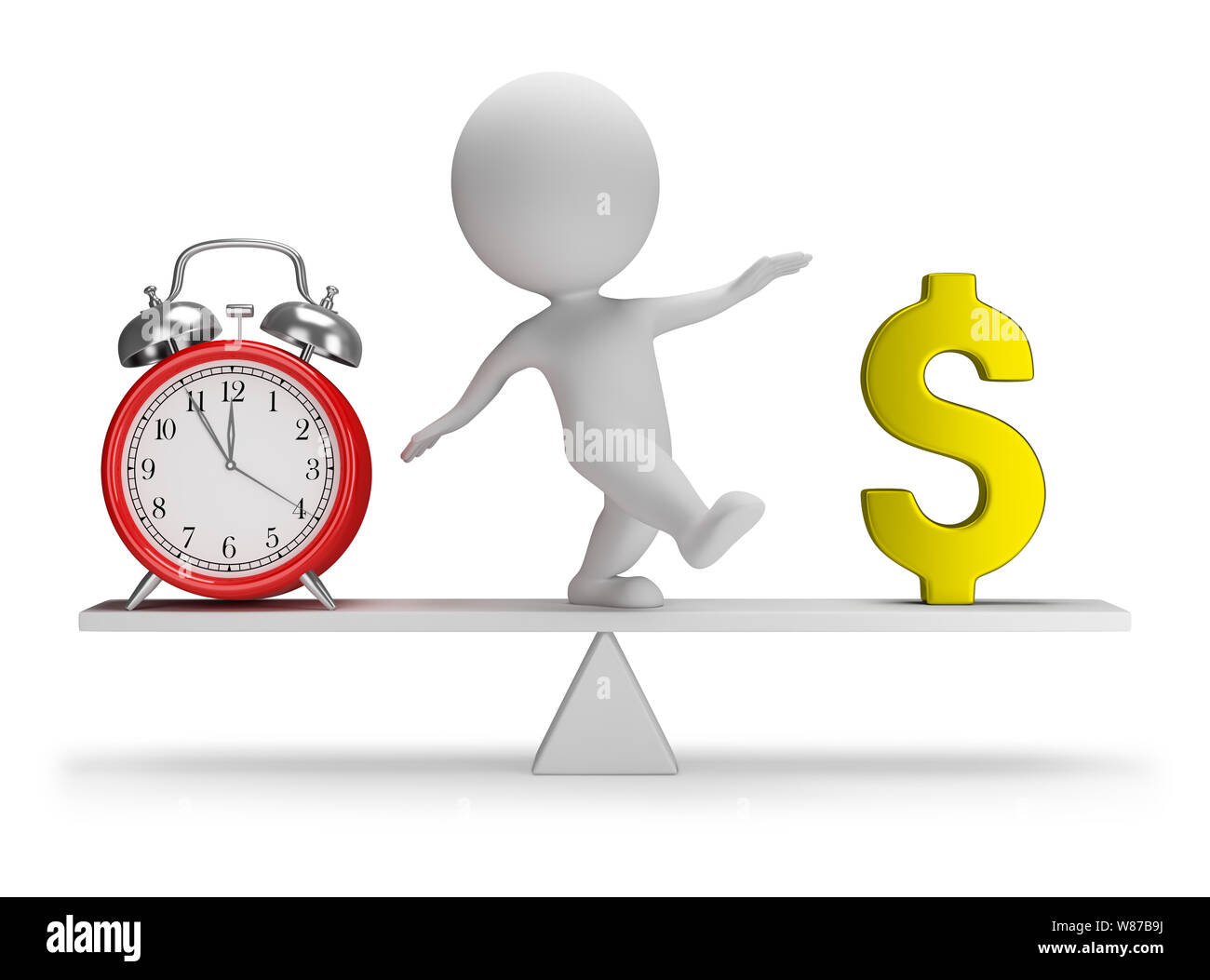 3d small person catches a balance between money and time. 3d image ...