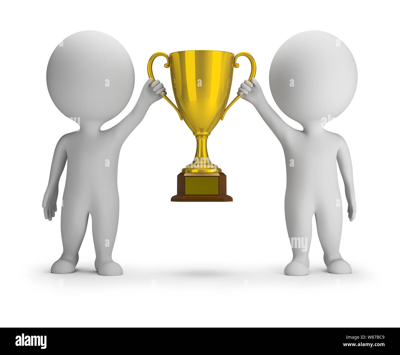 3d small people - two winners with a golden cup. 3d image. White ...
