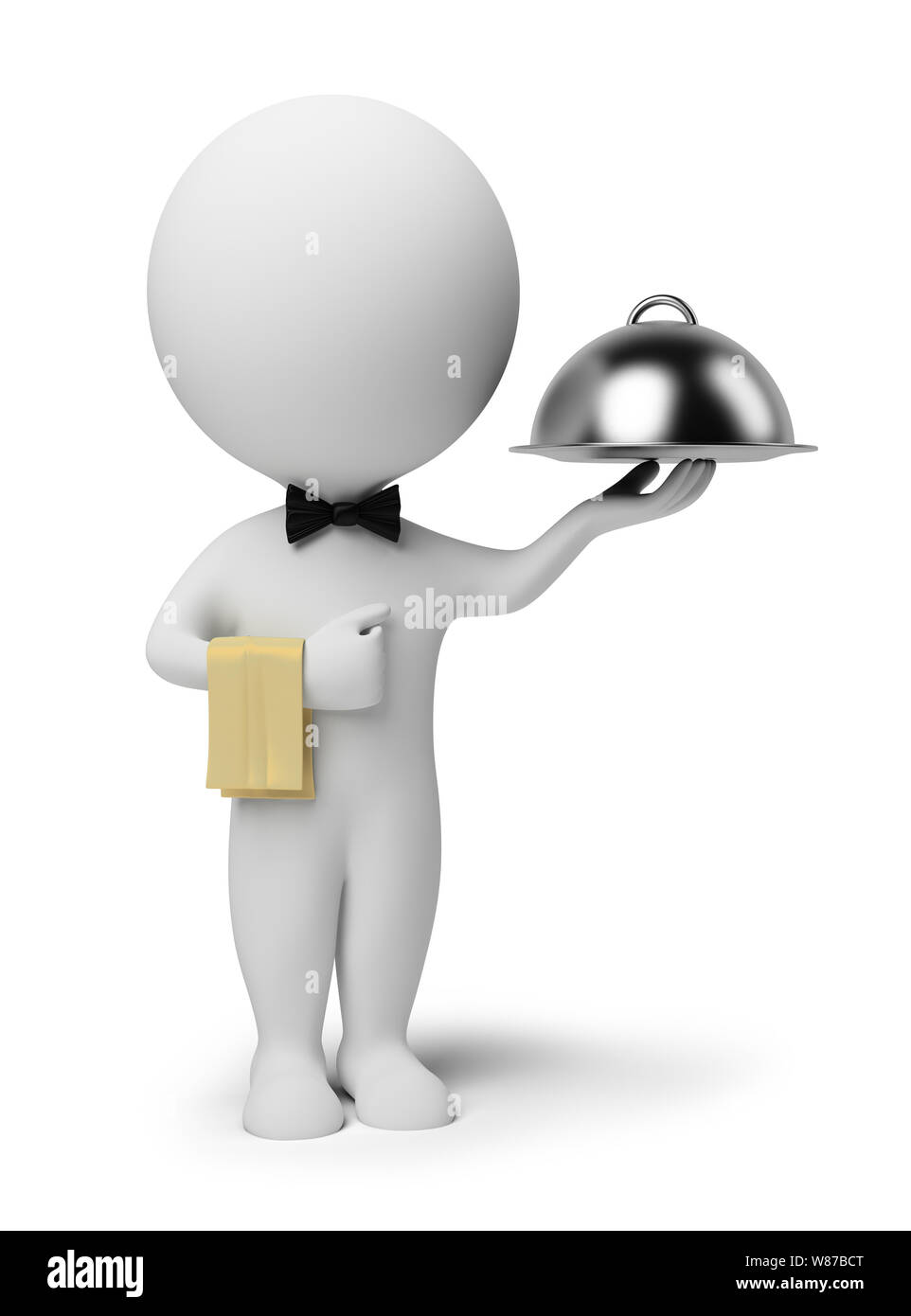 3d small people - waiter with food platter. 3d image. Isolated white ...