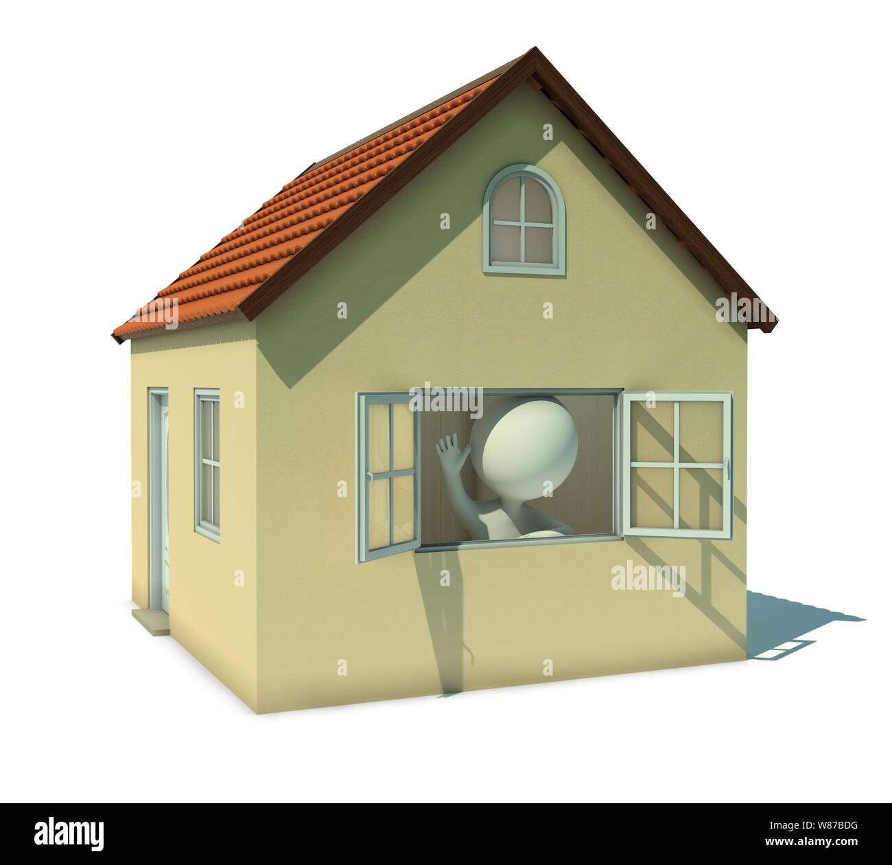 3d small people welcoming from a house window. 3d image. Isolated white ...