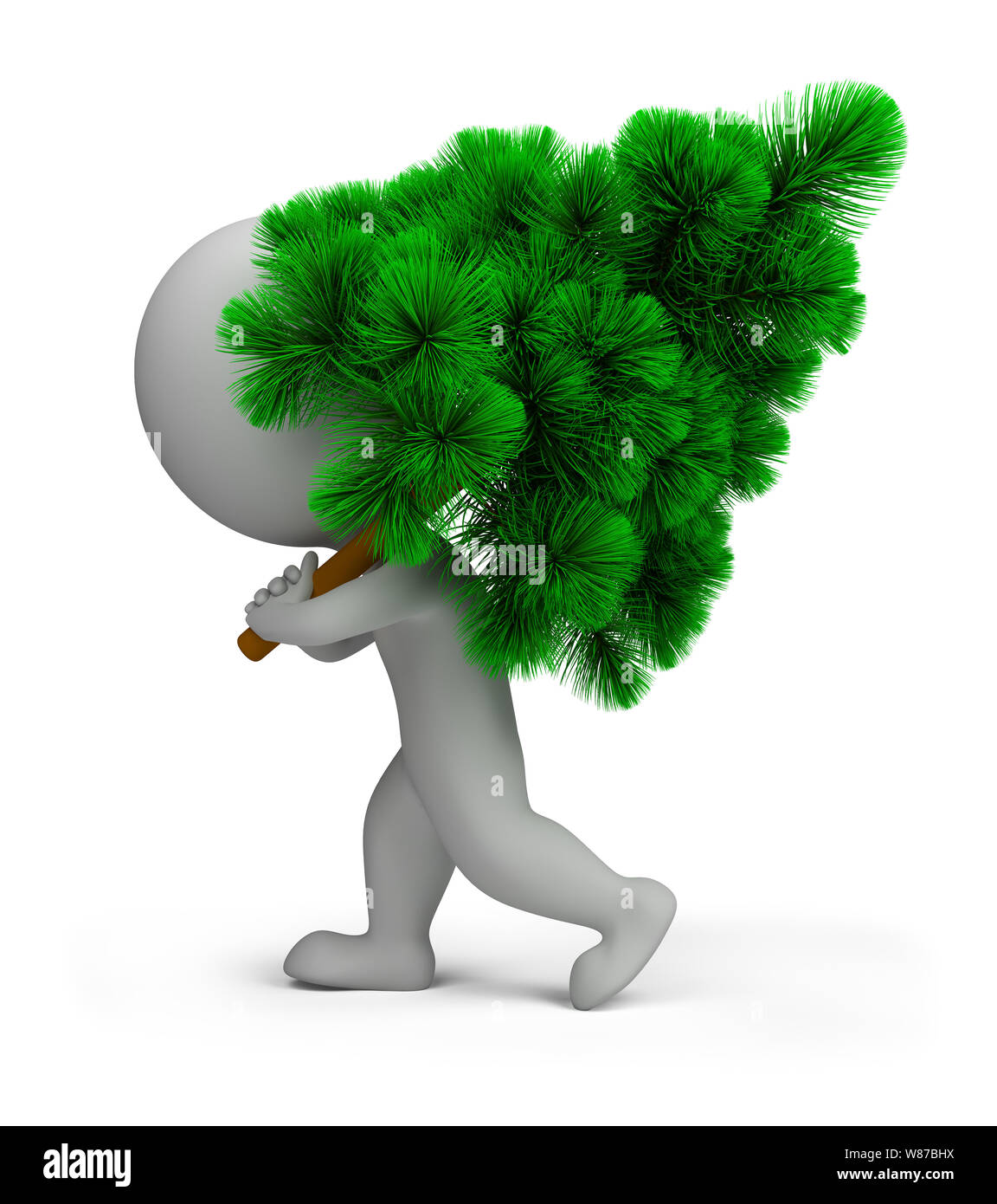 3d small person carrying a green Christmas tree. 3d image. Isolated ...