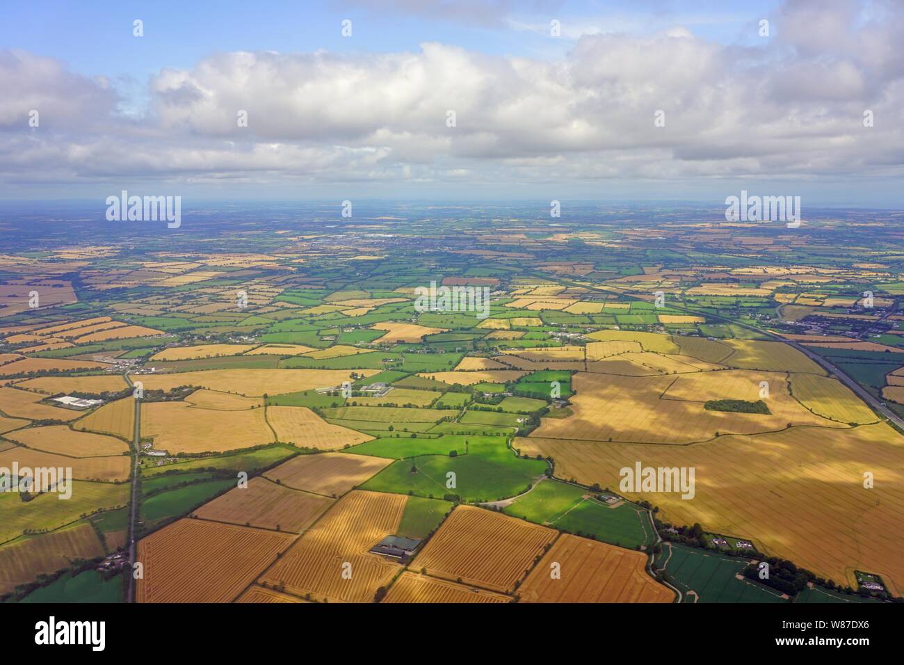 DUBLIN, IRELAND -28 JUL 2019- Aerial view of agricultural fields in the ...