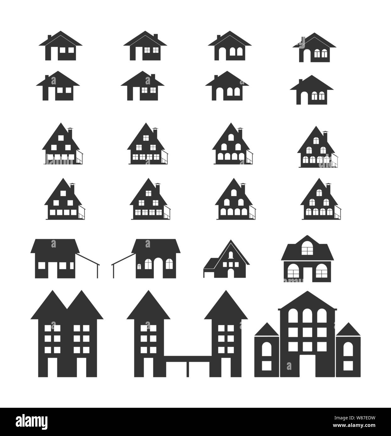 Silhouette of the house of different shapes and configurations, flat ...