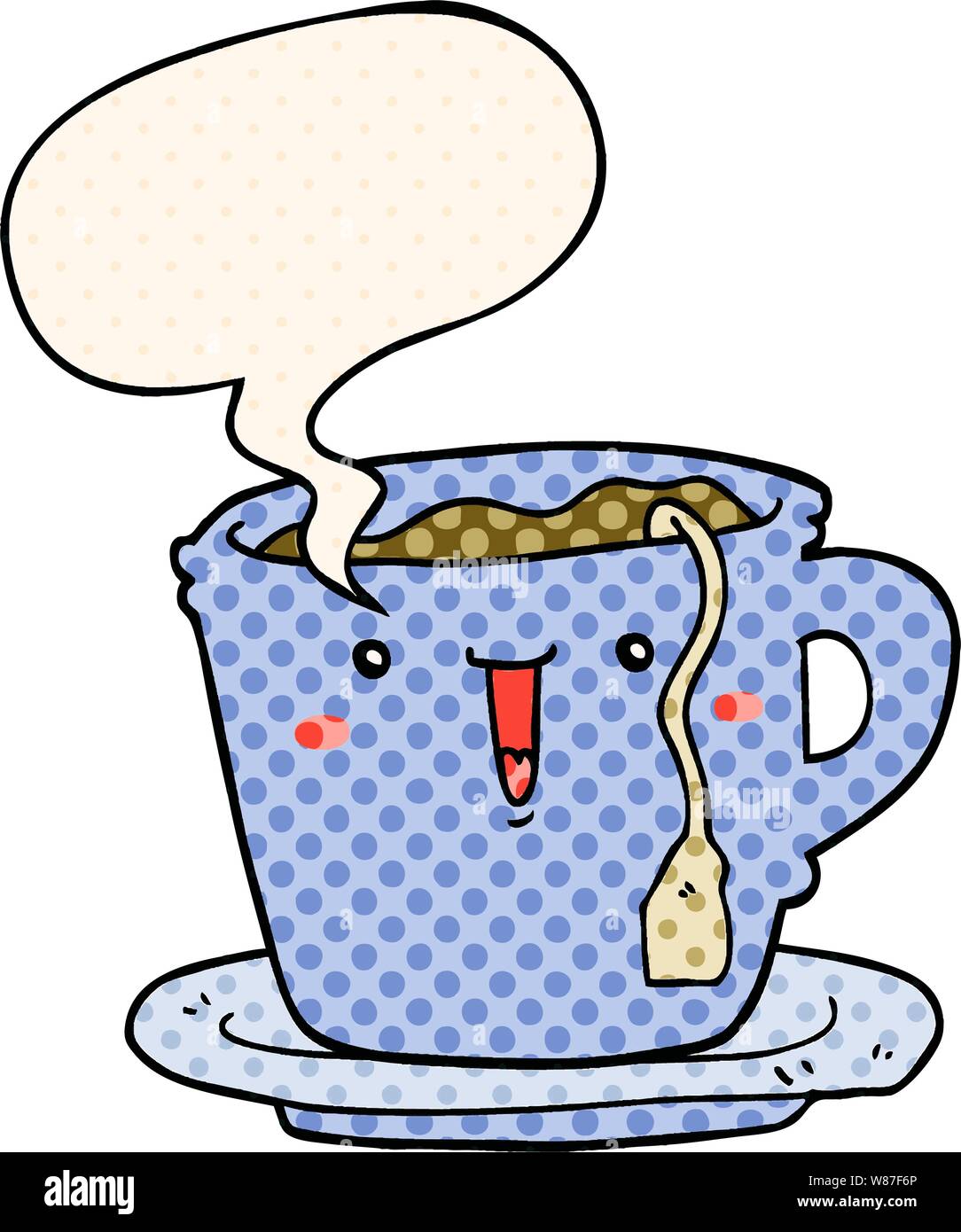 cute cartoon cup and saucer with speech bubble in comic book style ...