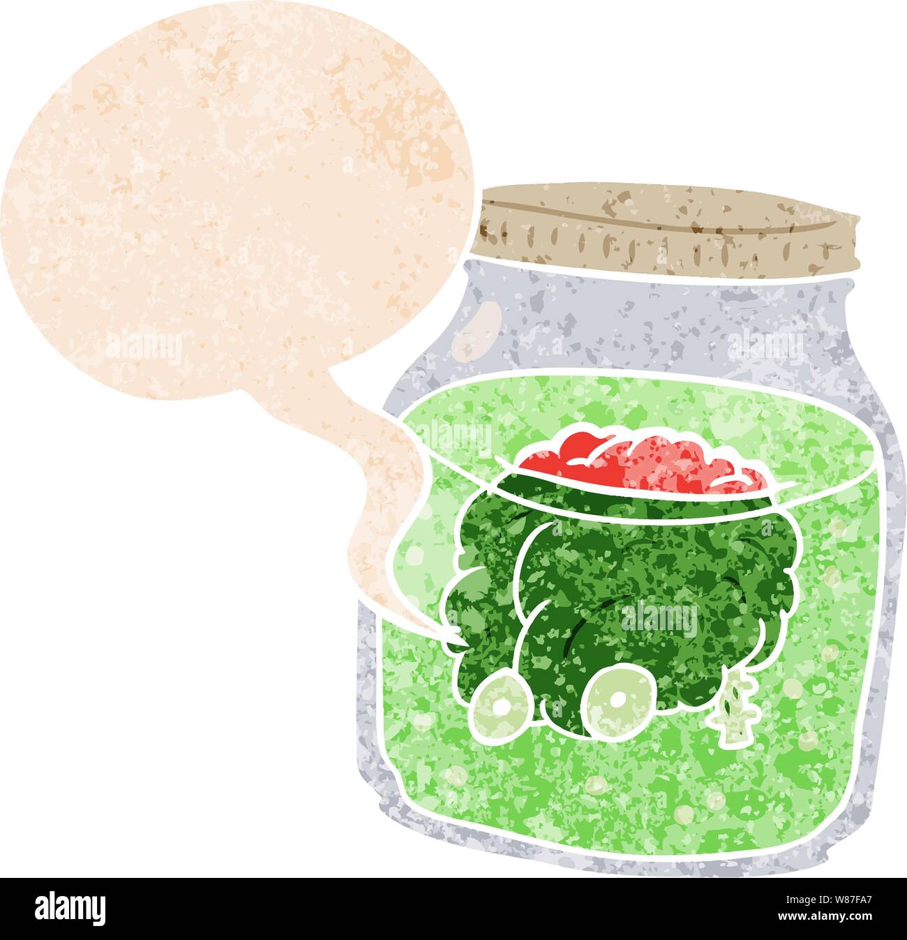 cartoon spooky brain in jar with speech bubble in grunge distressed ...