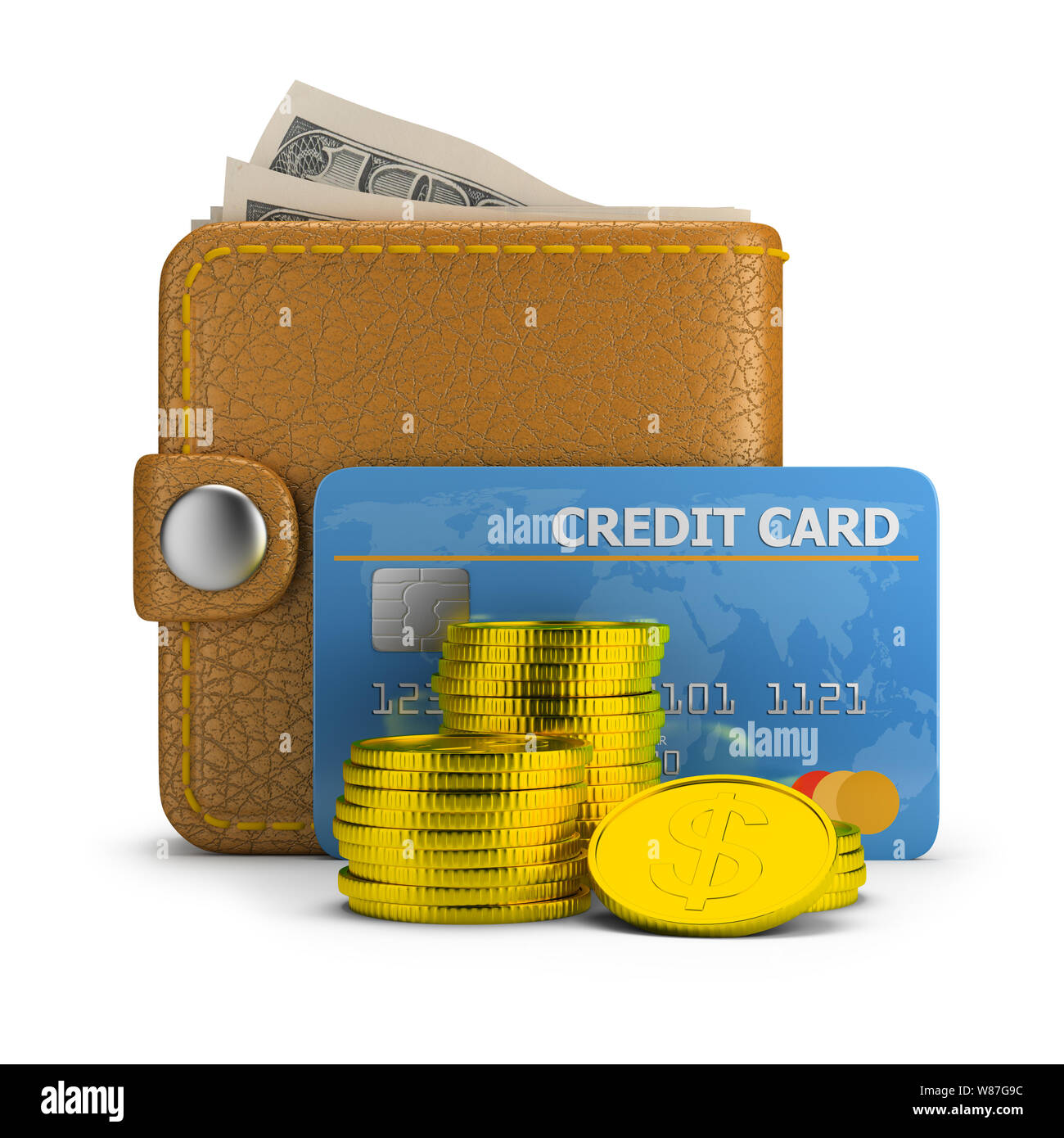 Concept of payment. Wallet with bills, credit card and coins. 3d image ...