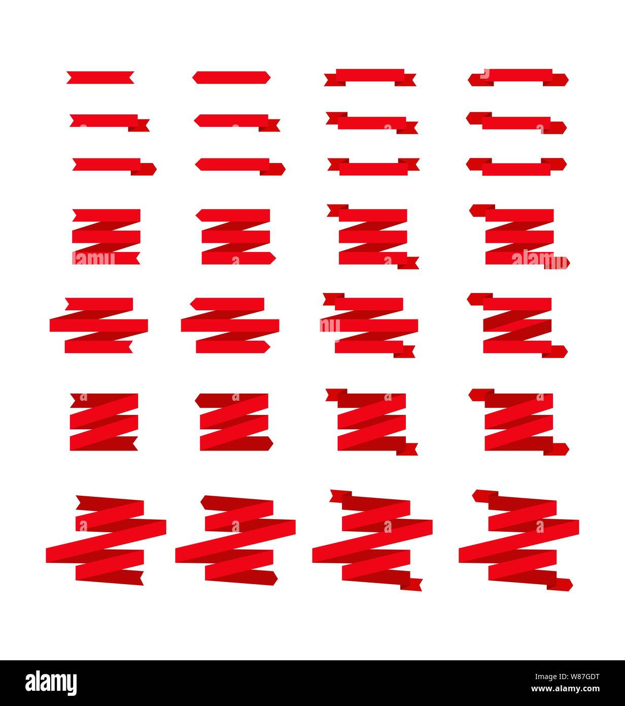 set of ribbons of different shapes and configurations, red color, flat ...