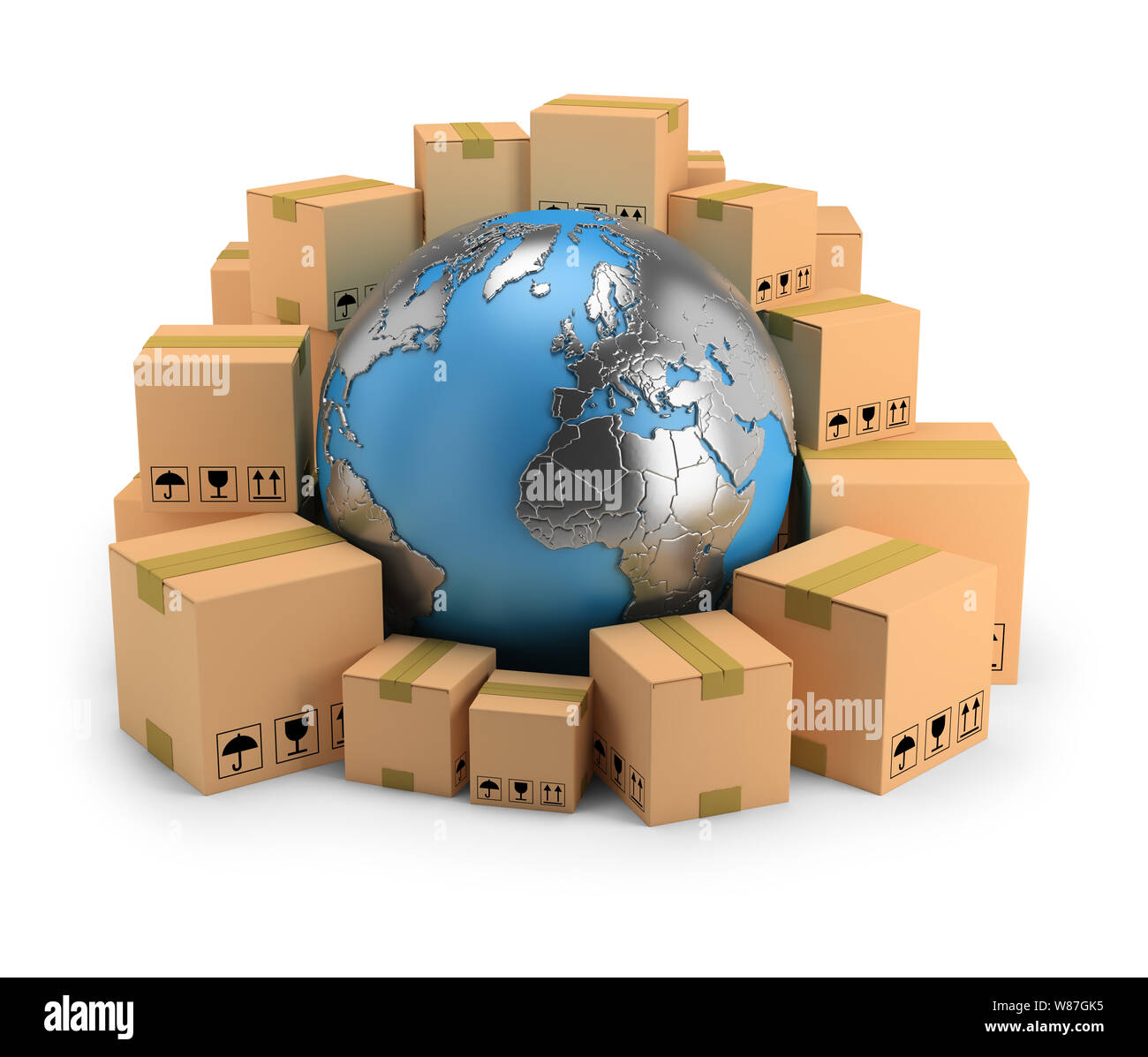 Globe surrounded by cardboard boxes. 3d image. White background Stock ...