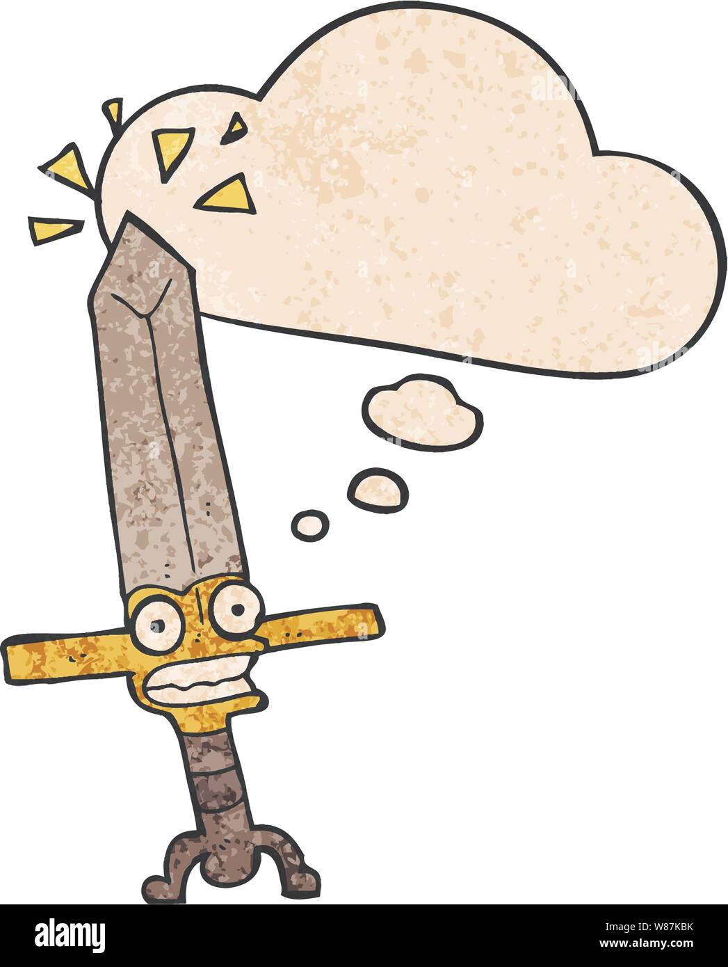 cartoon magic sword with thought bubble in grunge texture style Stock ...
