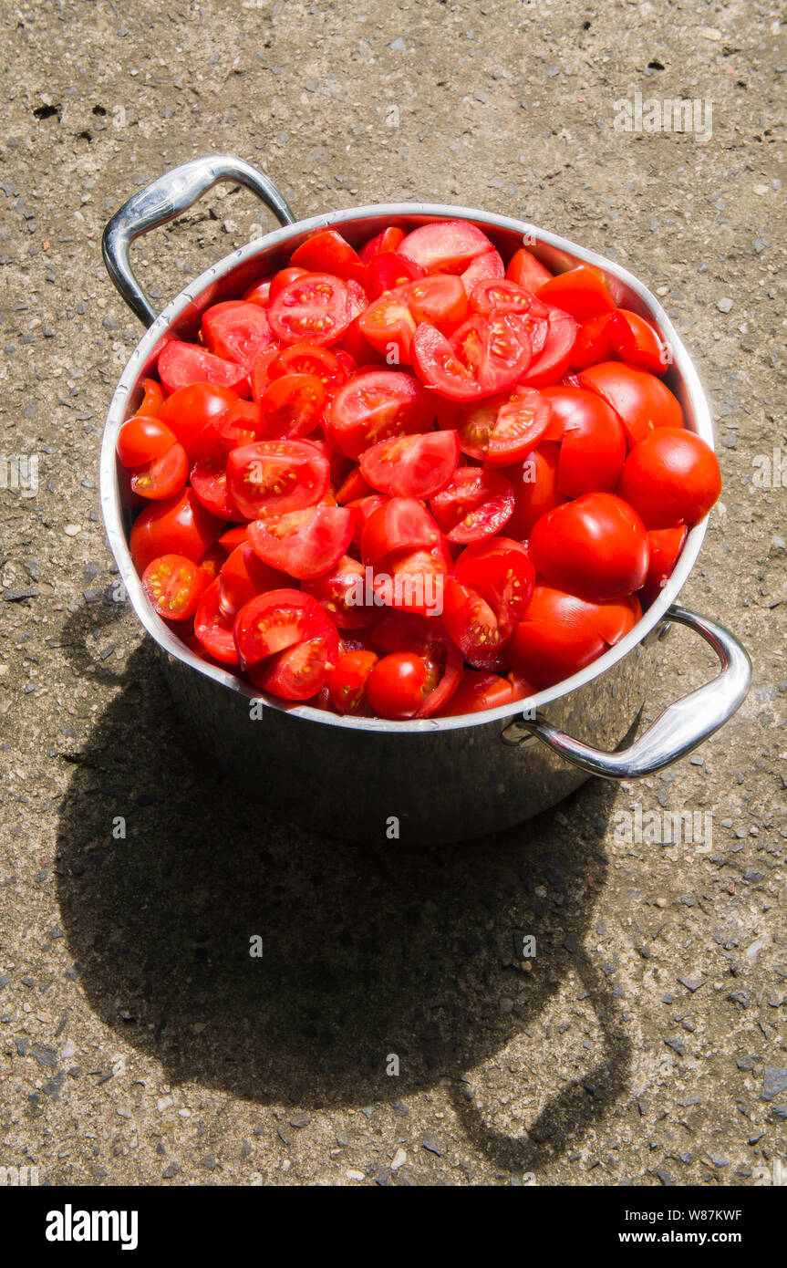 steel cooking pot full of red tomato, cut tomatoes, agriculture ...