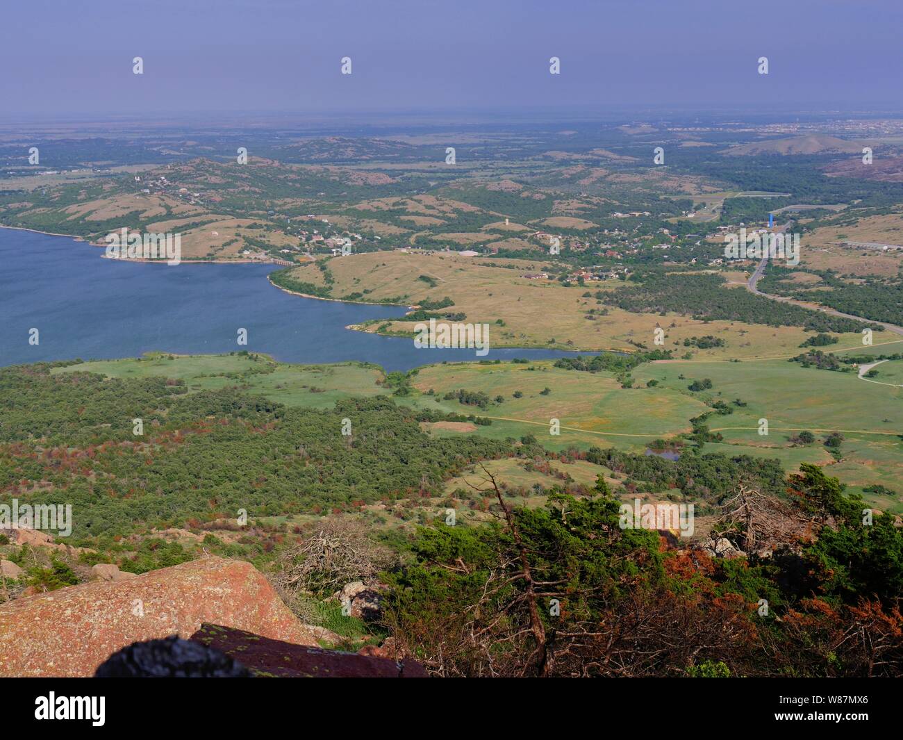 Scenic aerial view of Lake Lawtonka, seen from peak of Mt. Scott ...