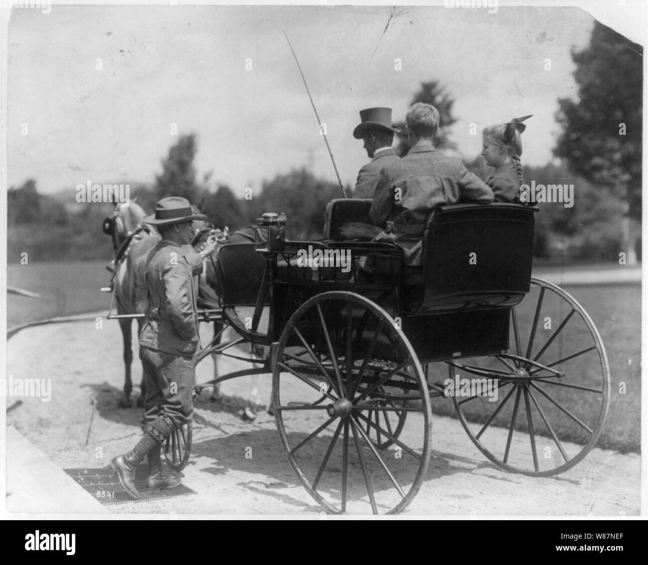 3 people in horse-drawn carriage and another man getting on the ...