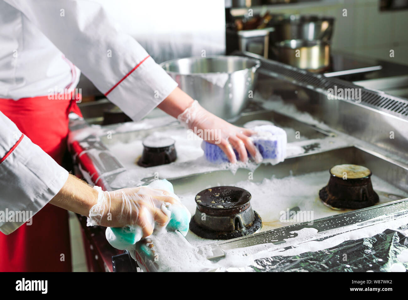Sanitary day in the restaurant. Repeats wash your workplace. Cooks wash ...