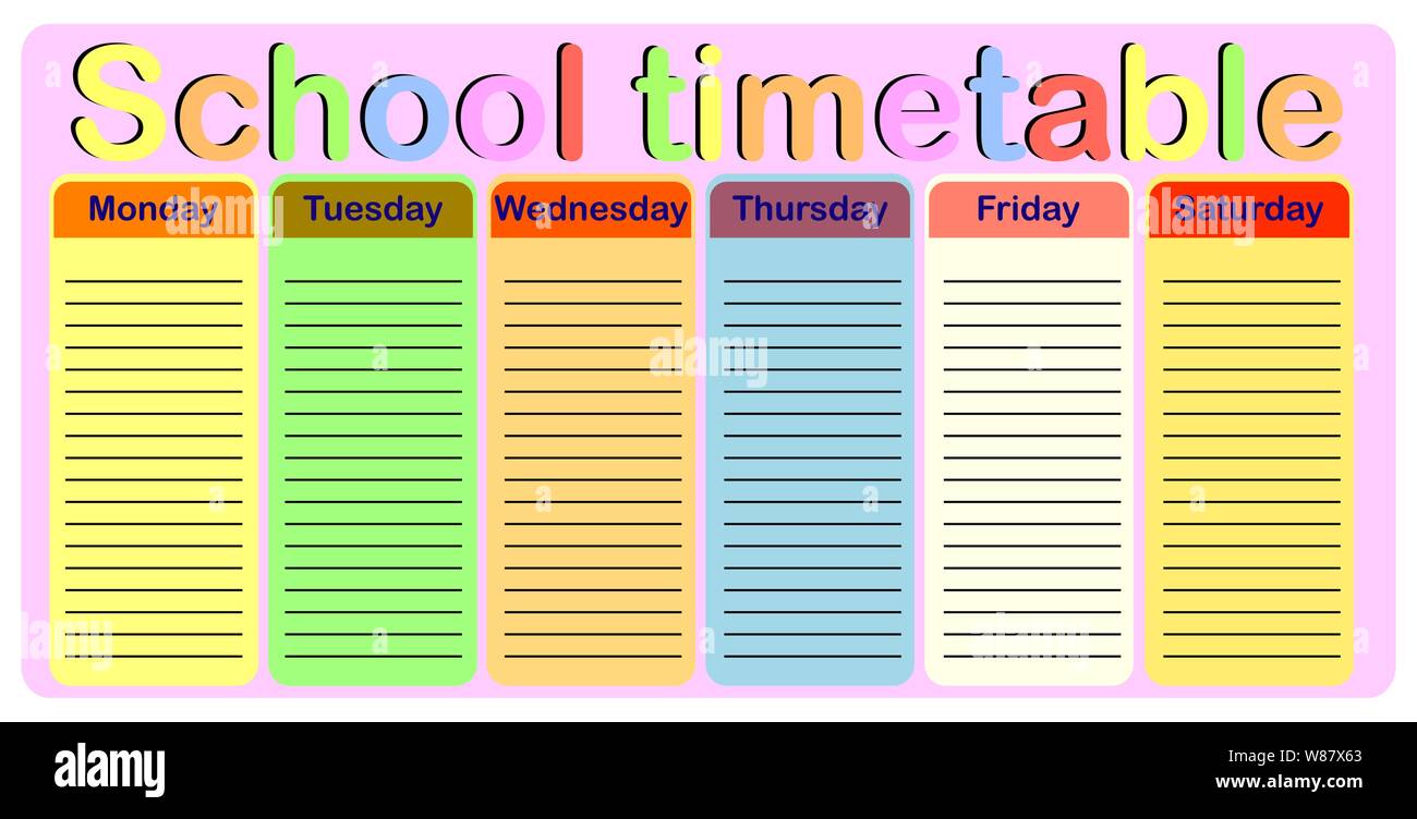 Template school timetable for students or pupils with days of week and ...