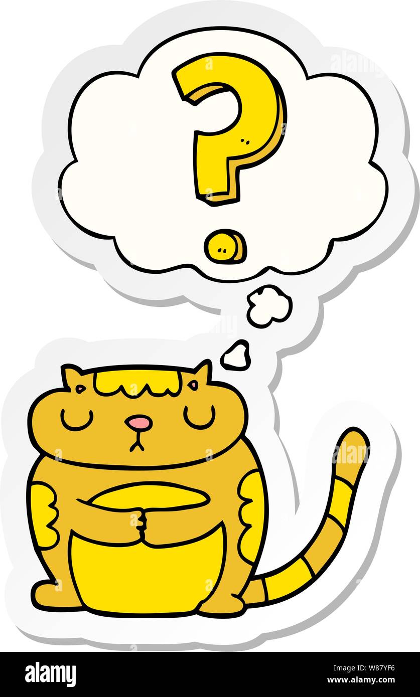 cartoon cat with question mark with thought bubble as a printed sticker ...