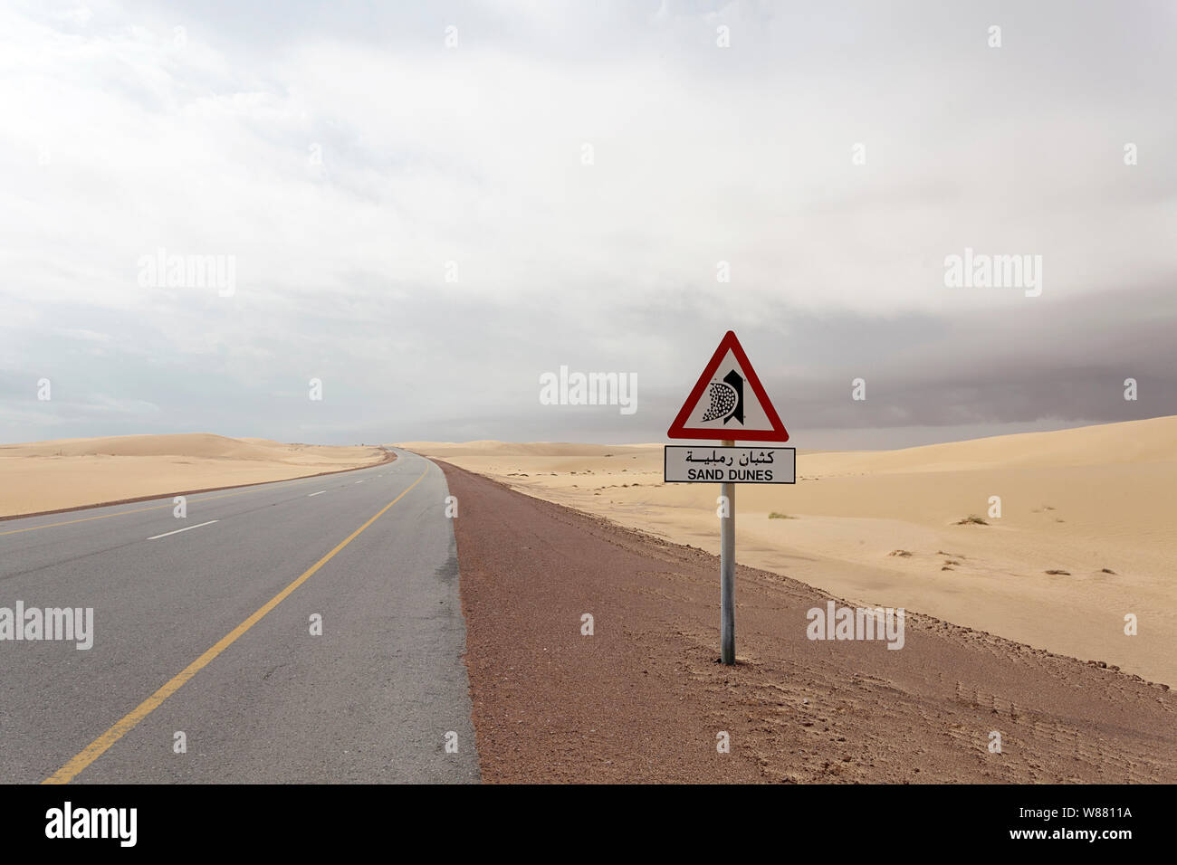 Roadside traffic sign, warning for shifting sand dunes, Sultanate of ...