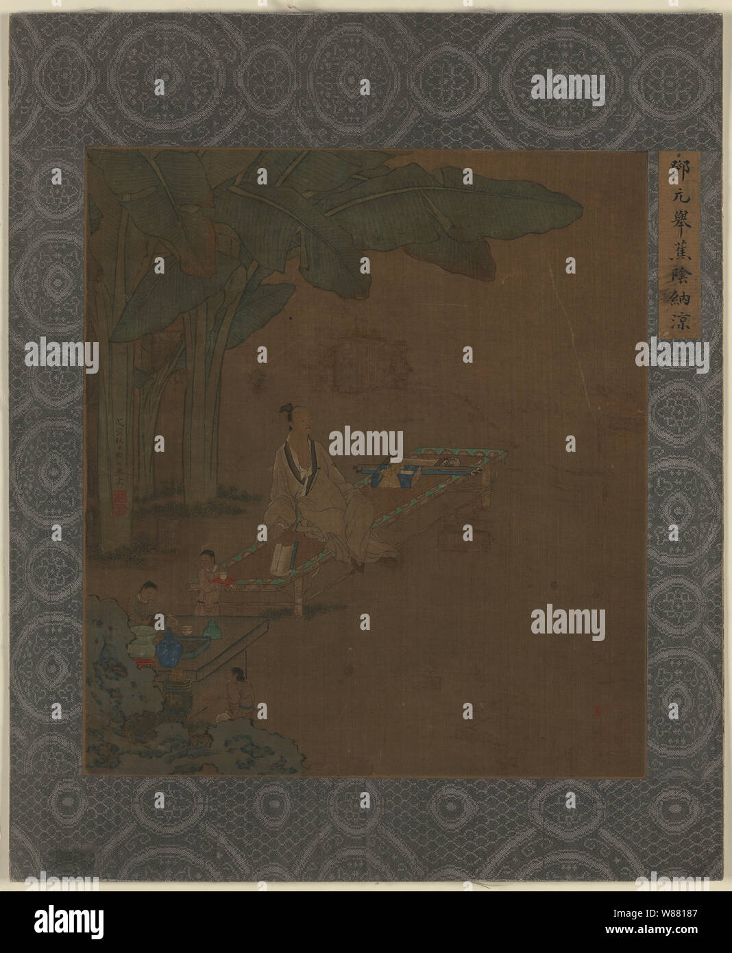 A Chinese sage sitting on a bench beneath banana trees, with attendants ...