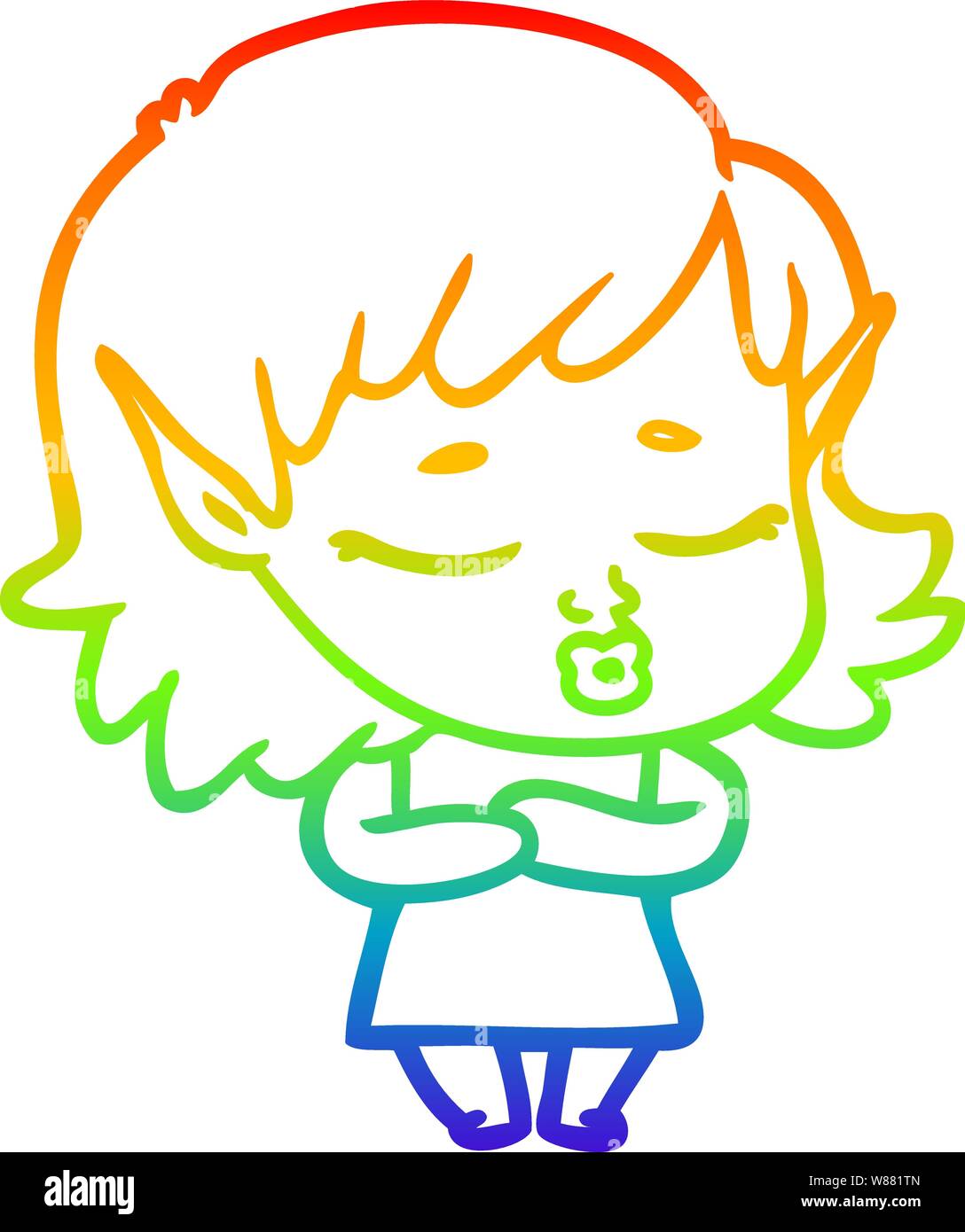 rainbow gradient line drawing of a shy cartoon elf girl Stock Vector ...