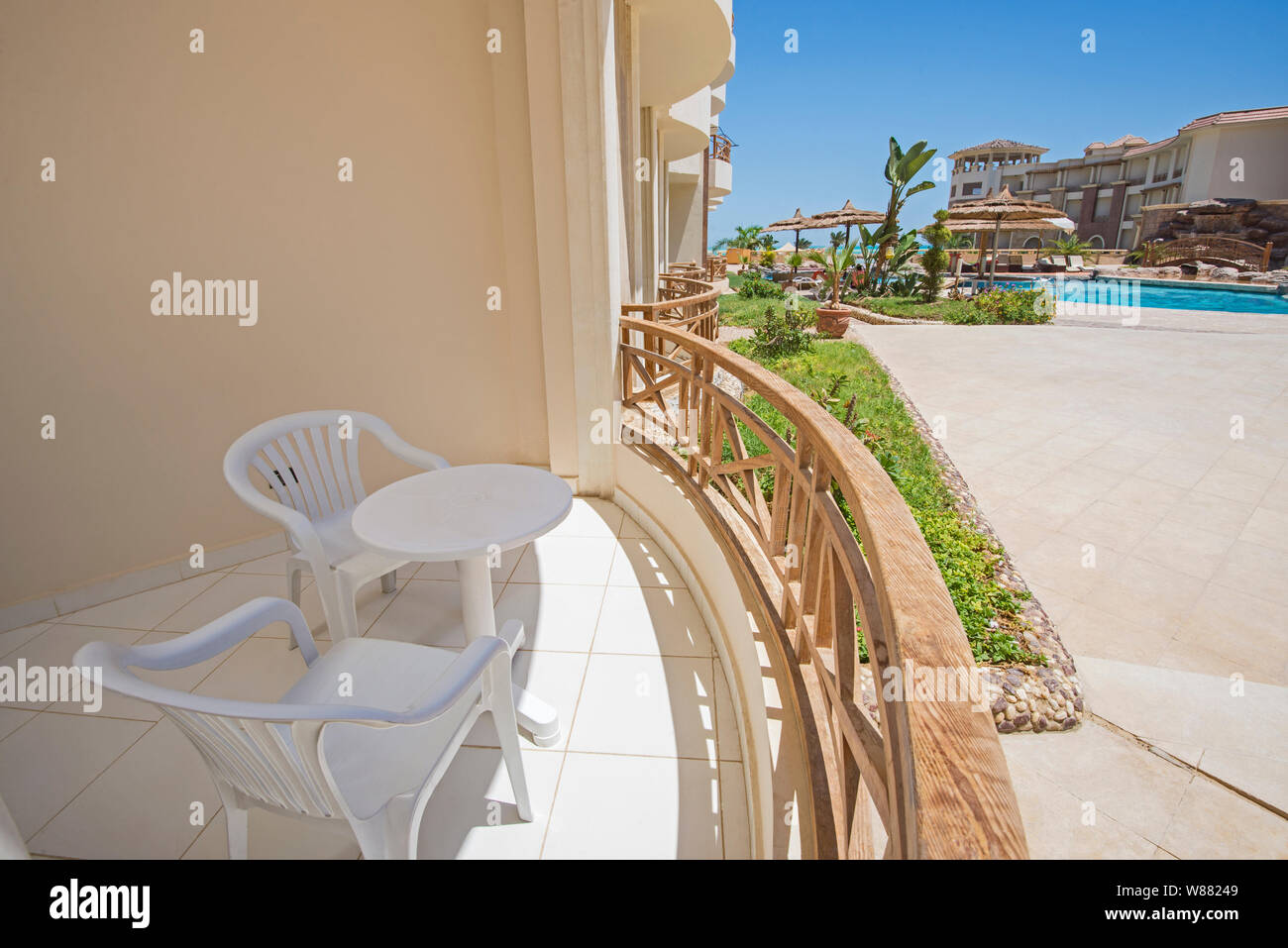 Terrace furniture at a luxury apartment in tropical resort with plastic ...
