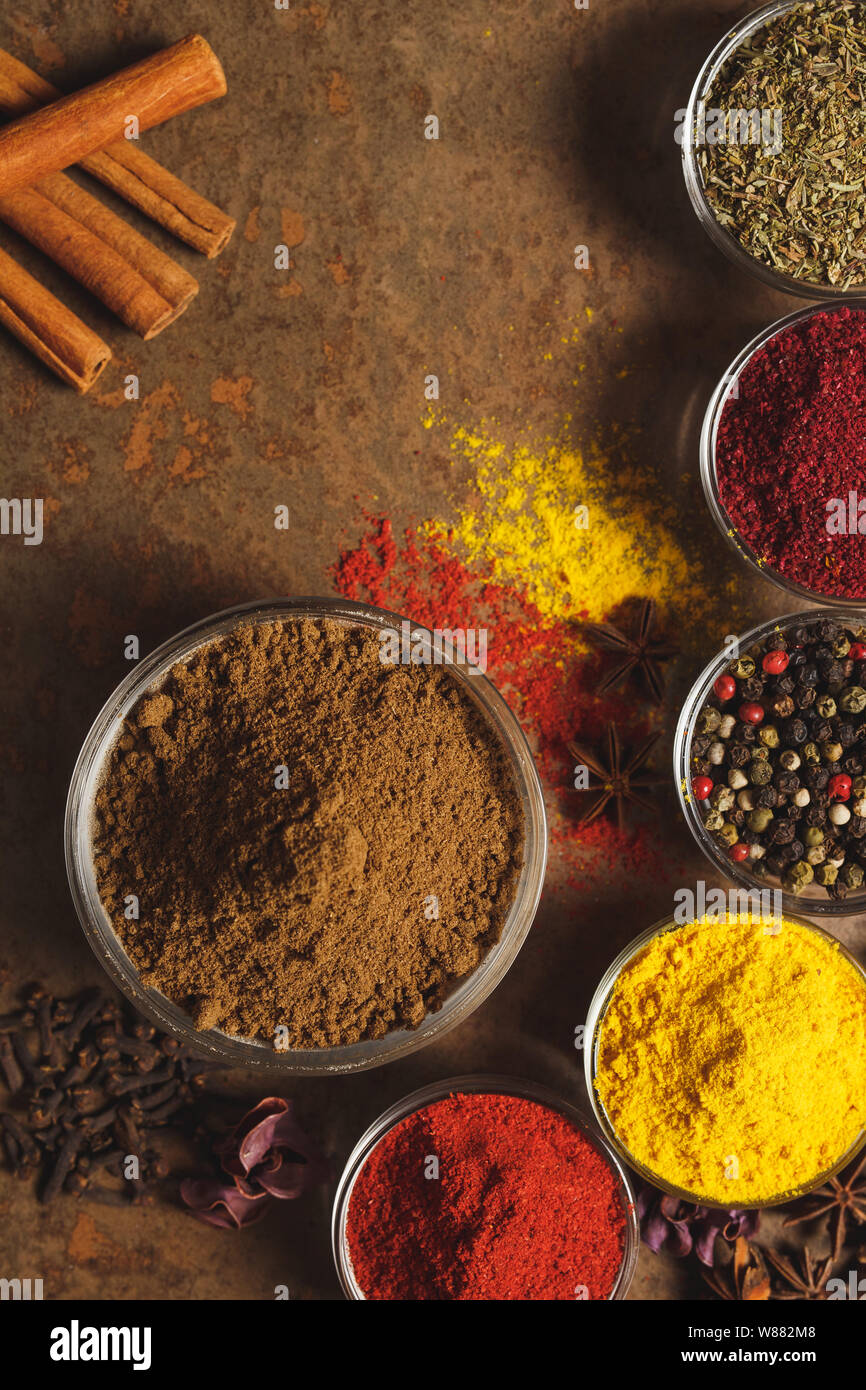 Ground Coriander. Place for text. Different types of Spices in a bowl ...