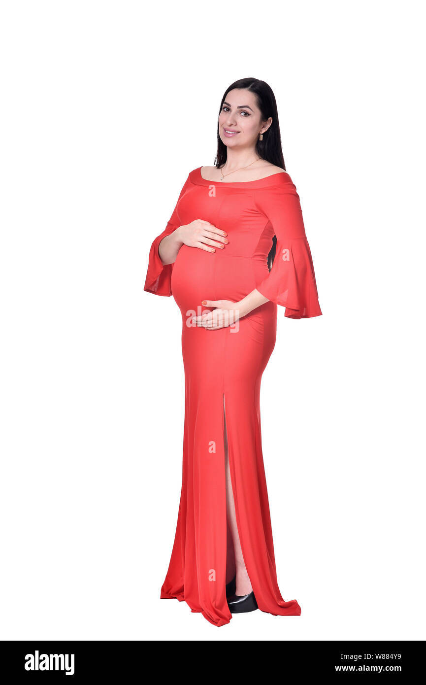 Portrait Of Beautiful Pregnant Woman Posing Isolated On White
