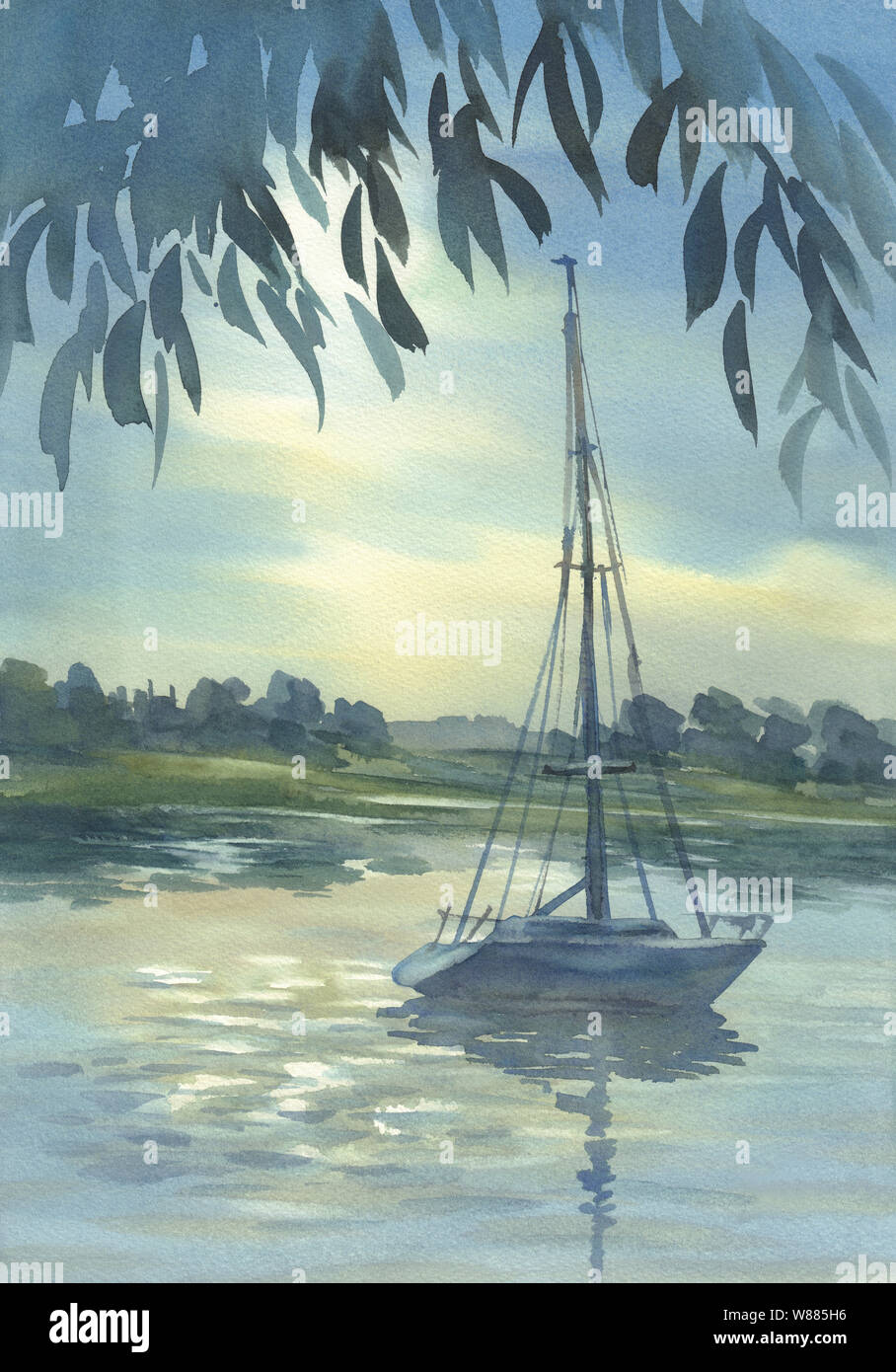 Landscape with a yacht watercolor background. Summer vacations ...