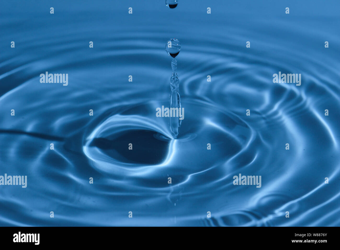 Texture, background with falling water drops and waves with blue water ...