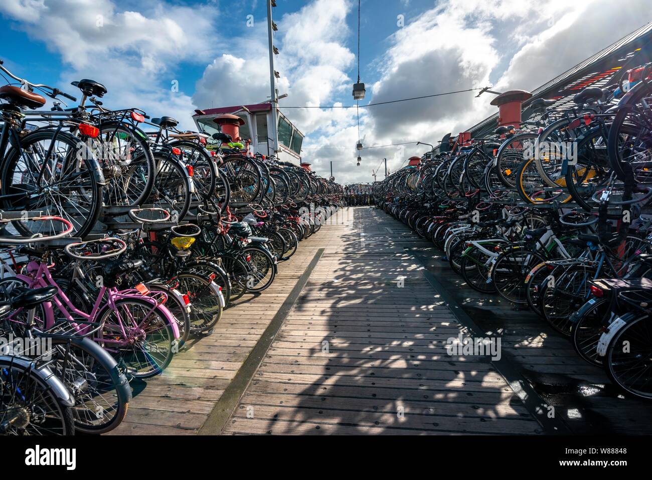 Many bicycles in bicycle rack, high rack, parking lot for bicycles ...
