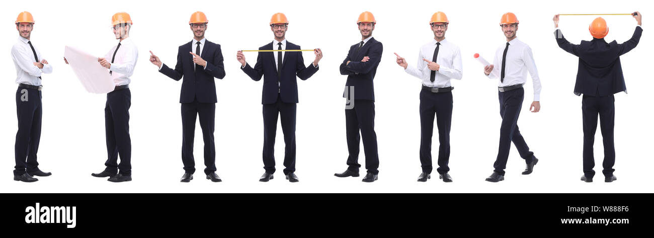 panoramic photo collage of architect expert isolated on white Stock ...