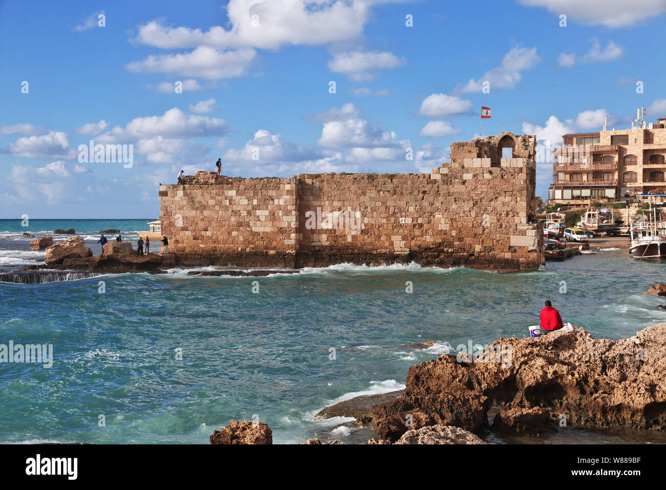 Byblos, Lebanon - 02 Jan 2018. The sea in Byblos, ancient roman ruins ...