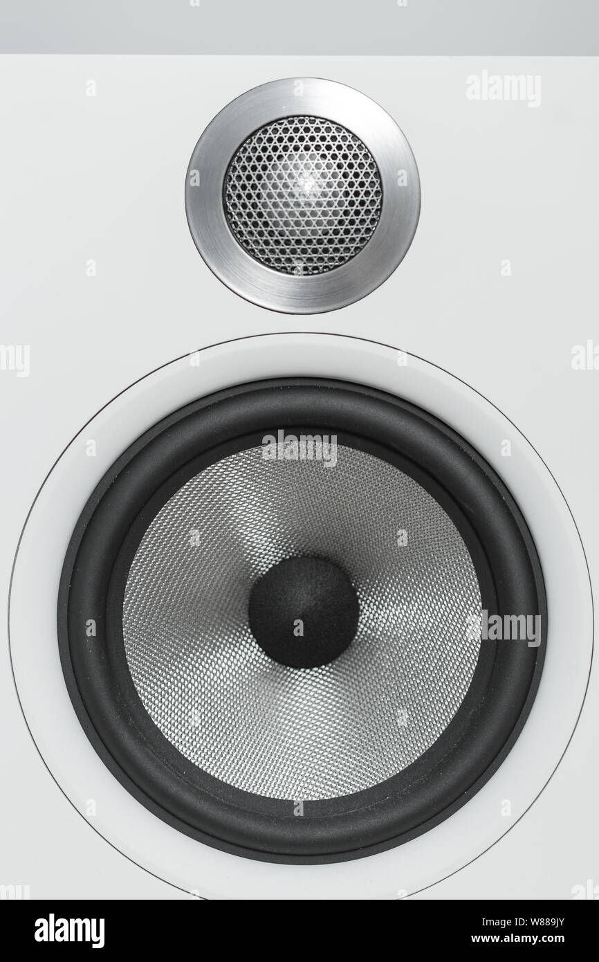 White music speaker with grey speaker tweeter and woofer Stock Photo ...