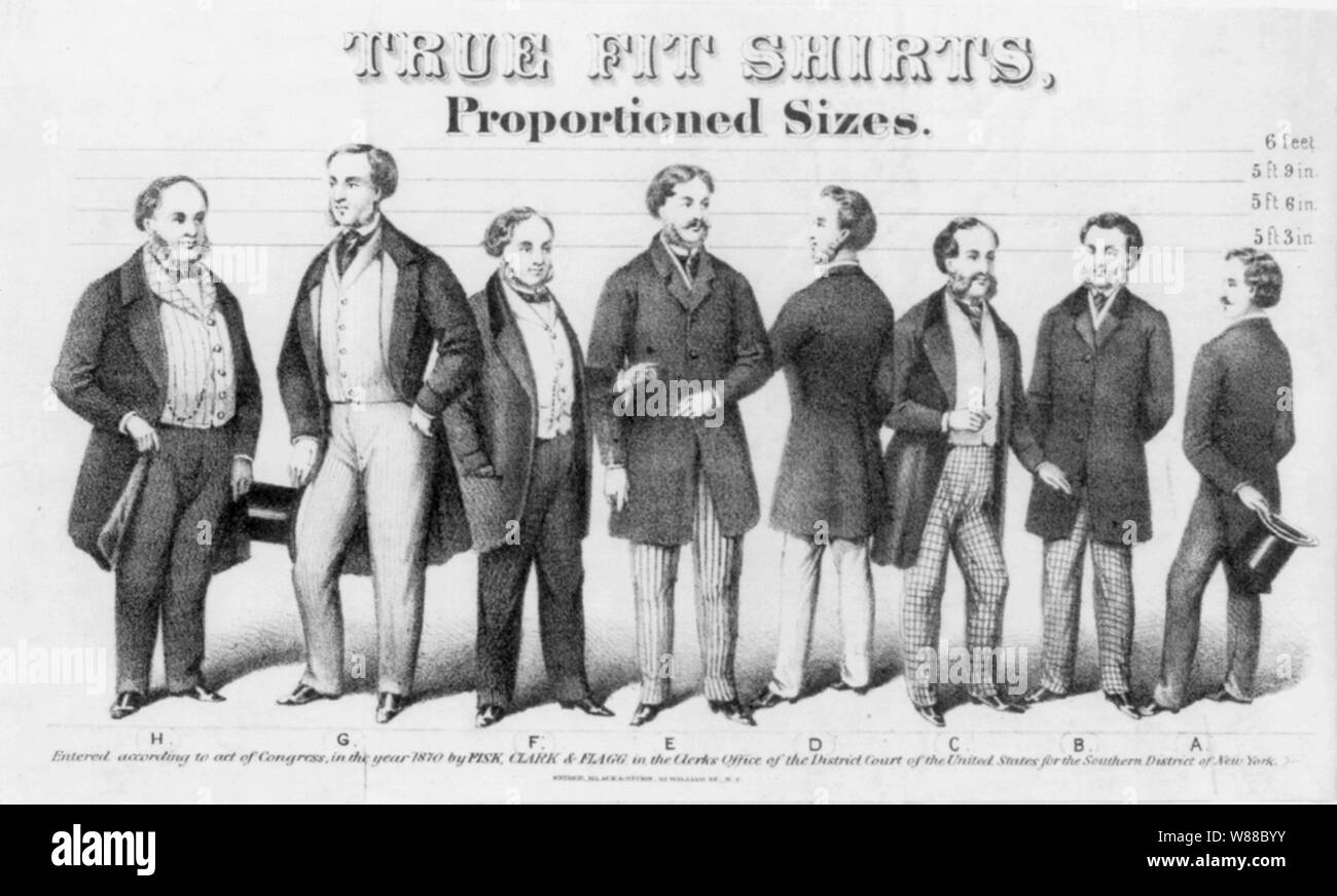 Advertisement for True Fit Shirts, Proportioned sizes, showing 8 men in ...
