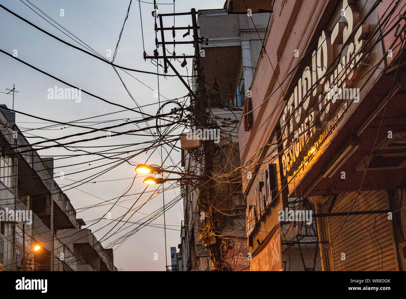 New Delhi, India, Feb 19, 2018 - Overhead cables create a rats maze ...
