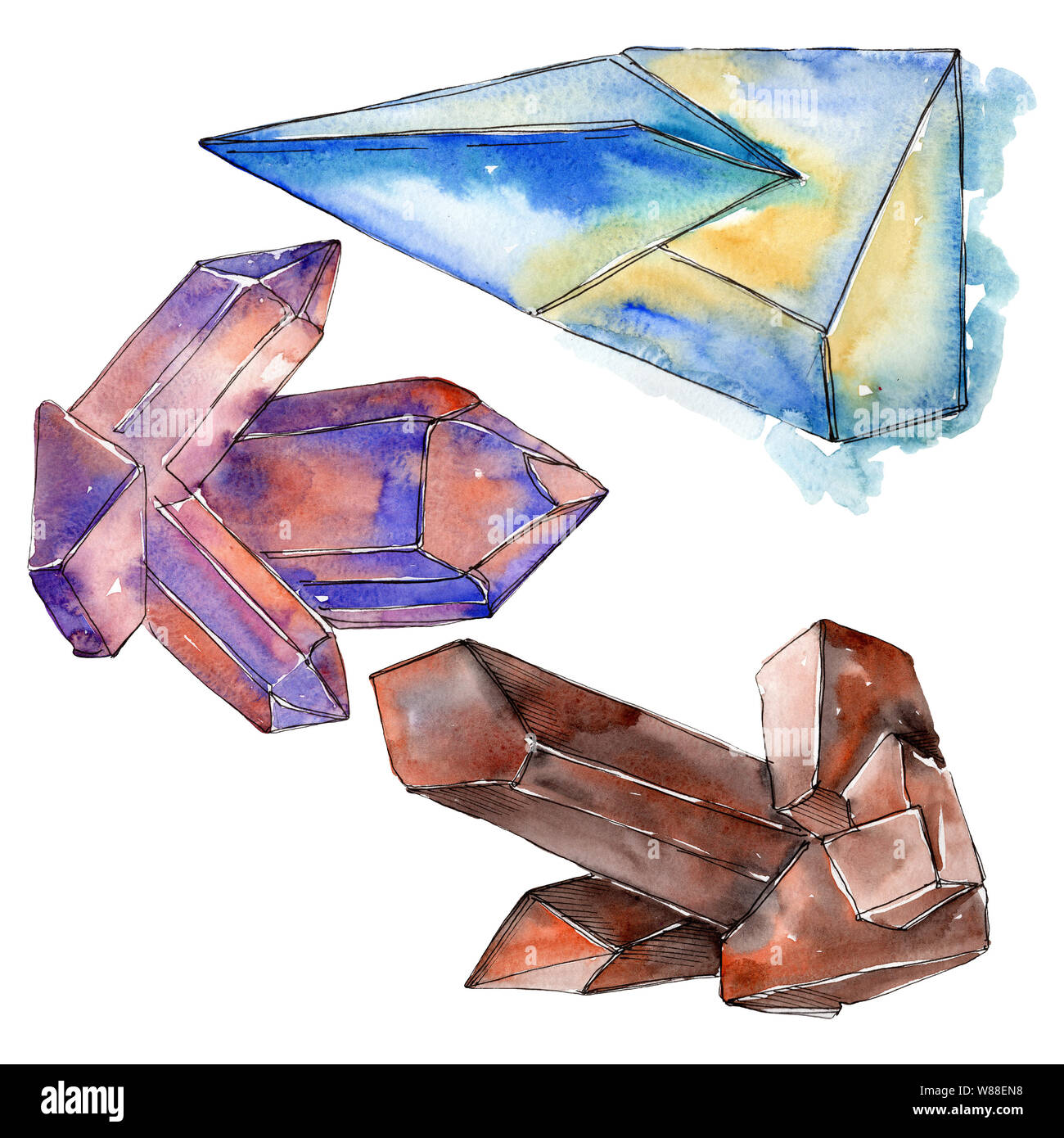 Colorful diamond rock jewelry minerals. Watercolor background set ...