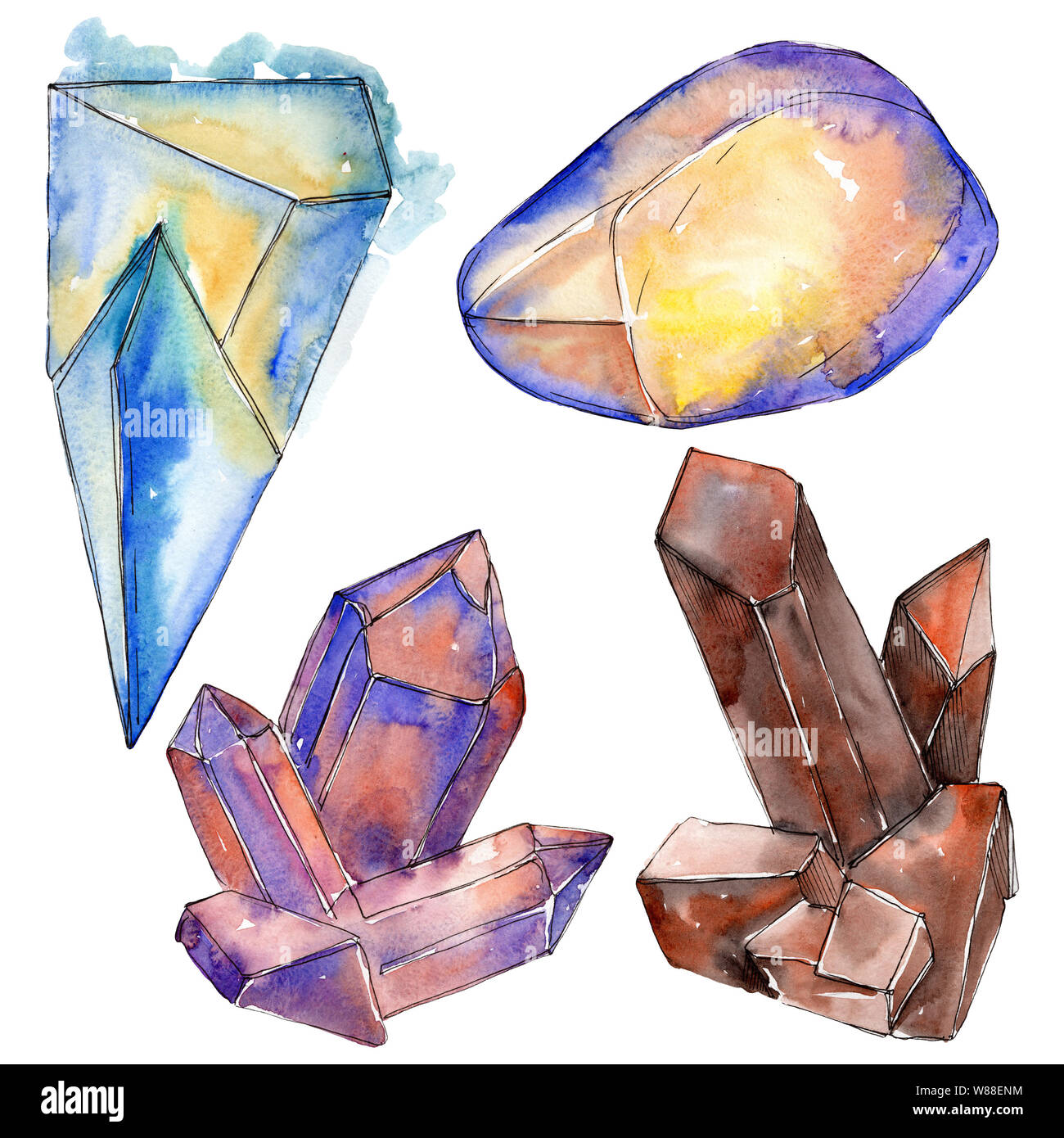 Colorful diamond rock jewelry minerals. Watercolor background set ...