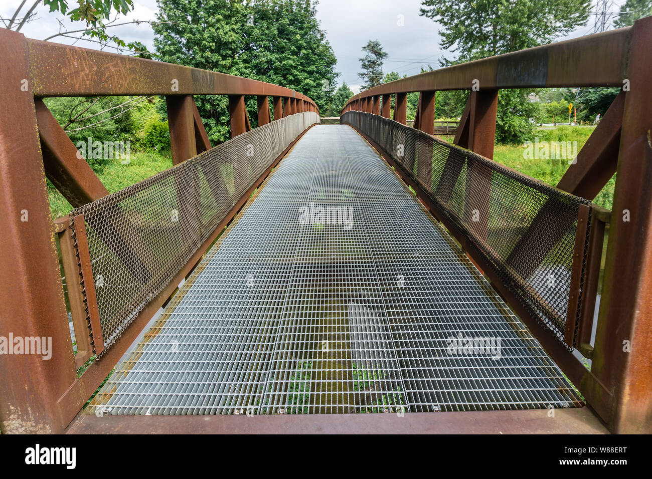 A metal grid covers a walking bridge that spans the Green River in Kent ...