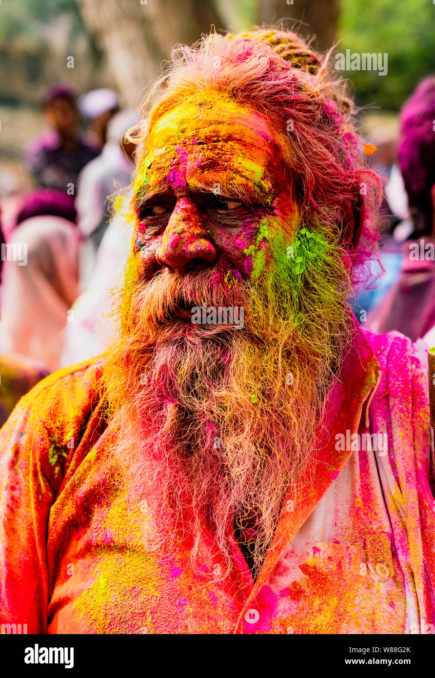 Barsana, India, Holi Festival, Feb 24, 2018 - Old man with grey beard ...
