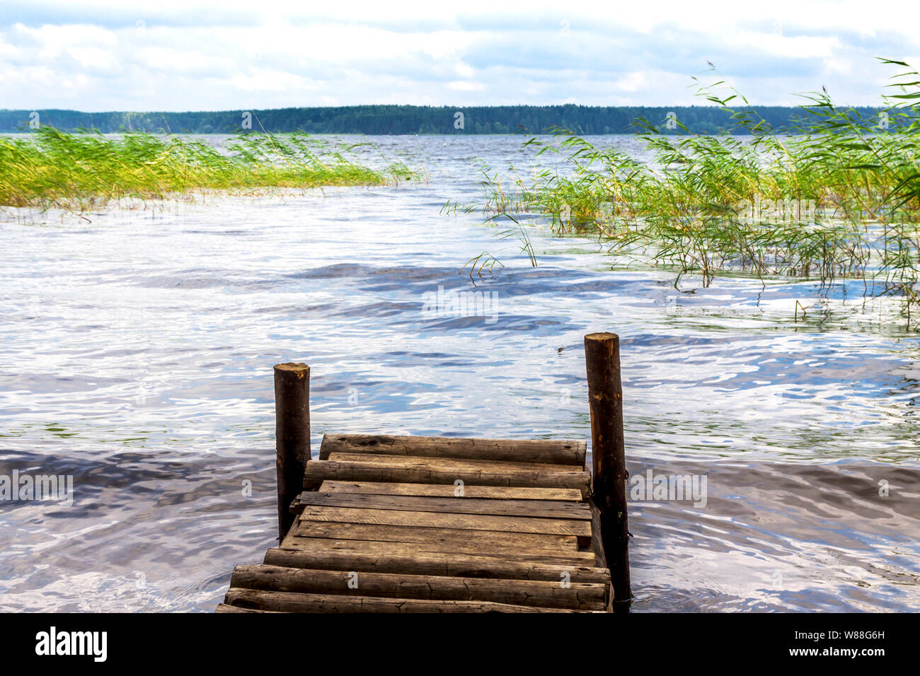 Homemade wooden bridge on the lake shore Stock Photo - Alamy
