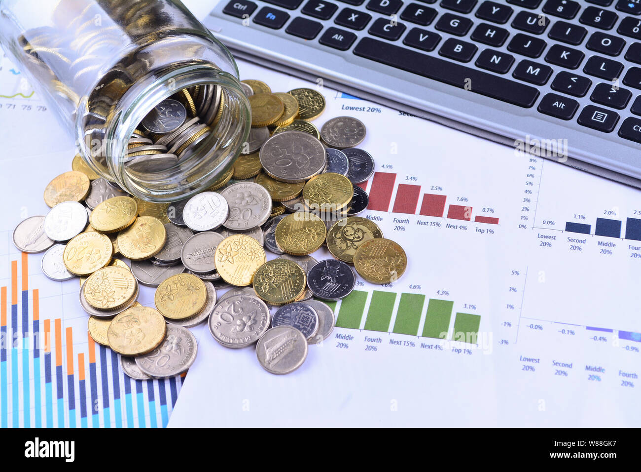 Coins spilling out of jar on the business stock charts - Business ...