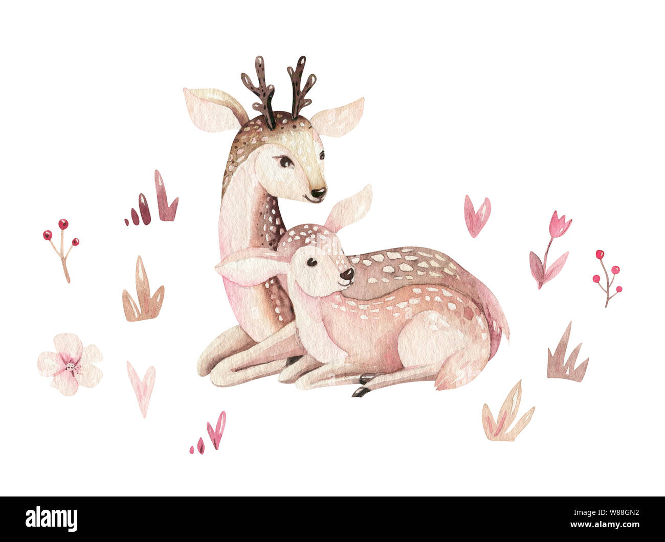 Watercolor little deer baby and mother watercolour bembi cartoon baby ...