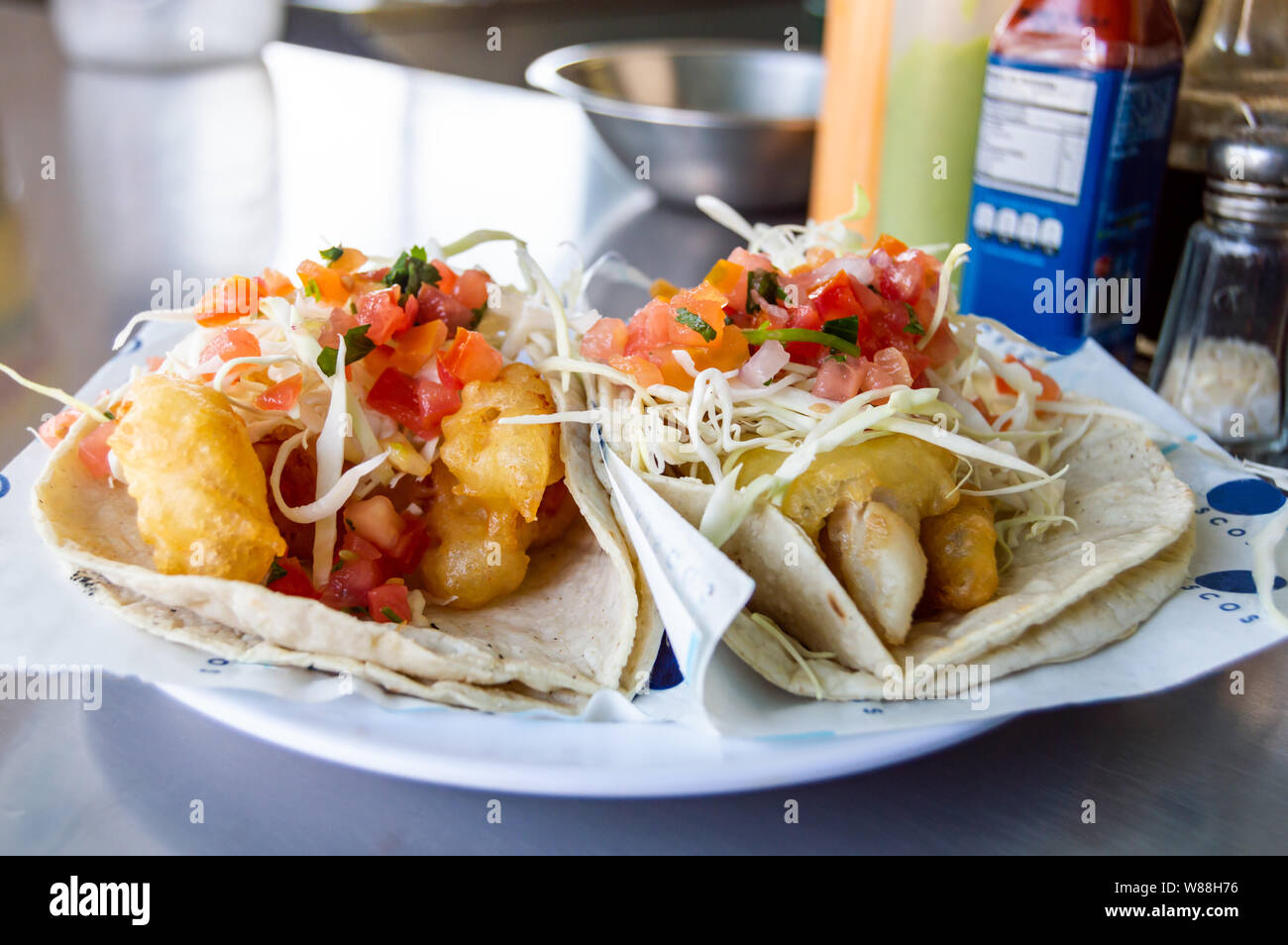 Fish and shrimp tacos, Baja California style seafood tacos served with ...