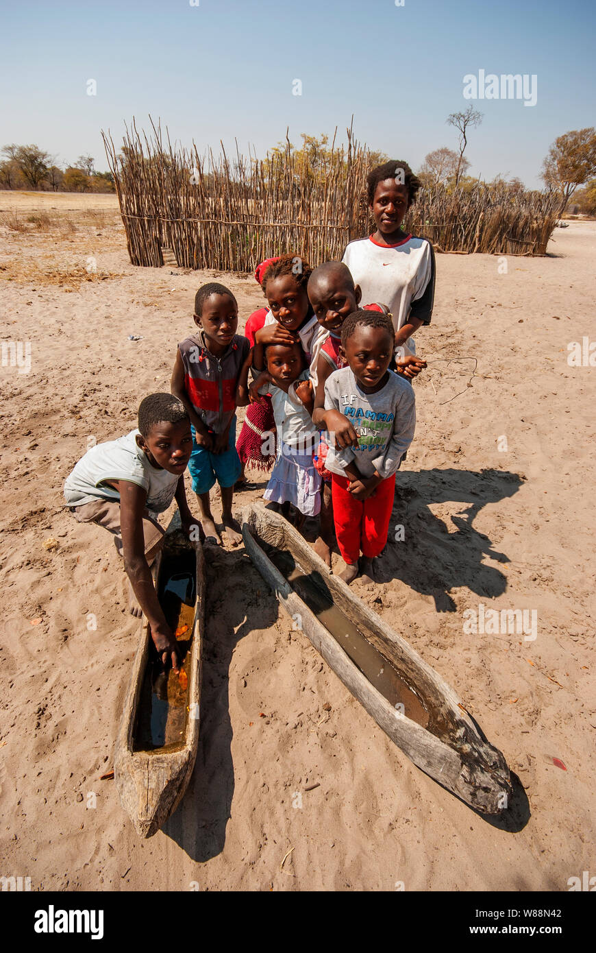 Kids playing with small mokoro boats at Caprivi Strip, Namibia Stock ...