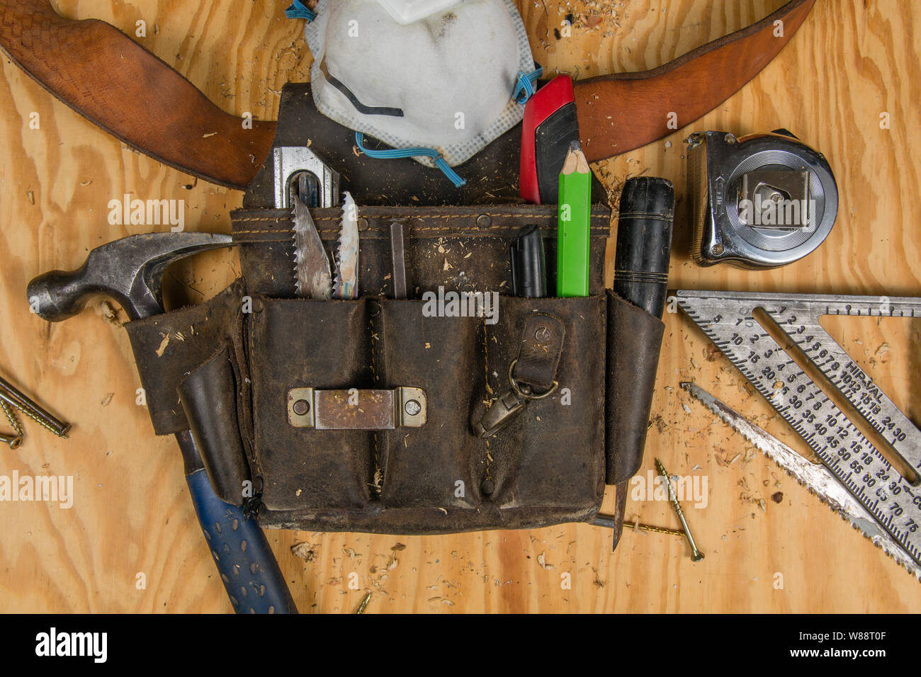 Carpentry tools on a wooden background at job site. construction ...