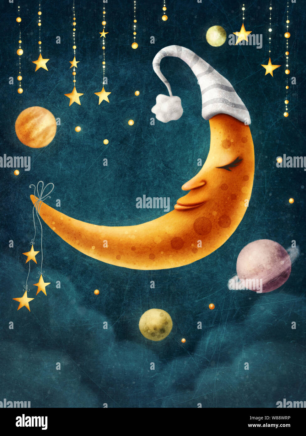 Children illustration of a moon with a sleeping hat Stock Photo - Alamy