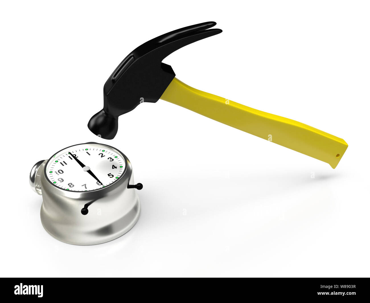 Hammer hitting the alarm clock, isolated on white. 3D rendering Stock ...